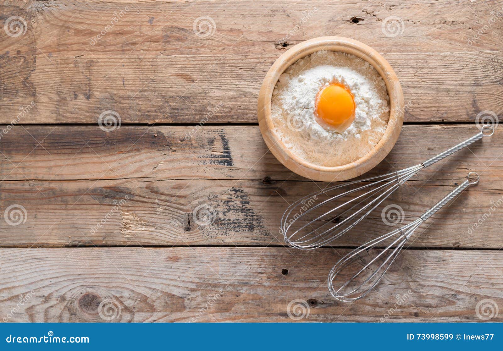 Egg Yolk in the Flour and Whip for Beating on Wood Table. Top Vi Stock ...