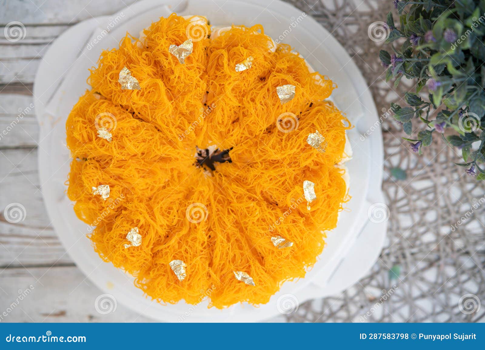 Egg Yolk Thread Cake Decorate with Gold Leaf Stock Photo - Image of ...