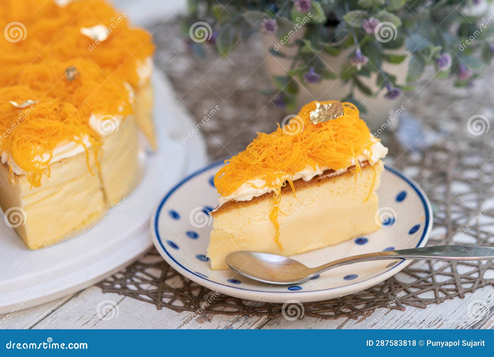 Egg Yolk Thread Cake Decorate with Gold Leaf Stock Photo - Image of ...