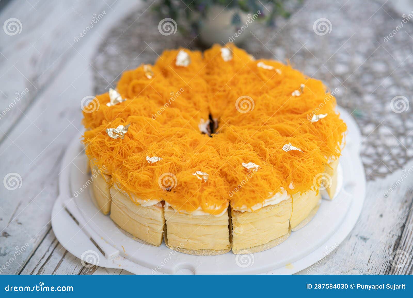 Egg Yolk Thread Cake Decorate with Gold Leaf Stock Photo - Image of ...
