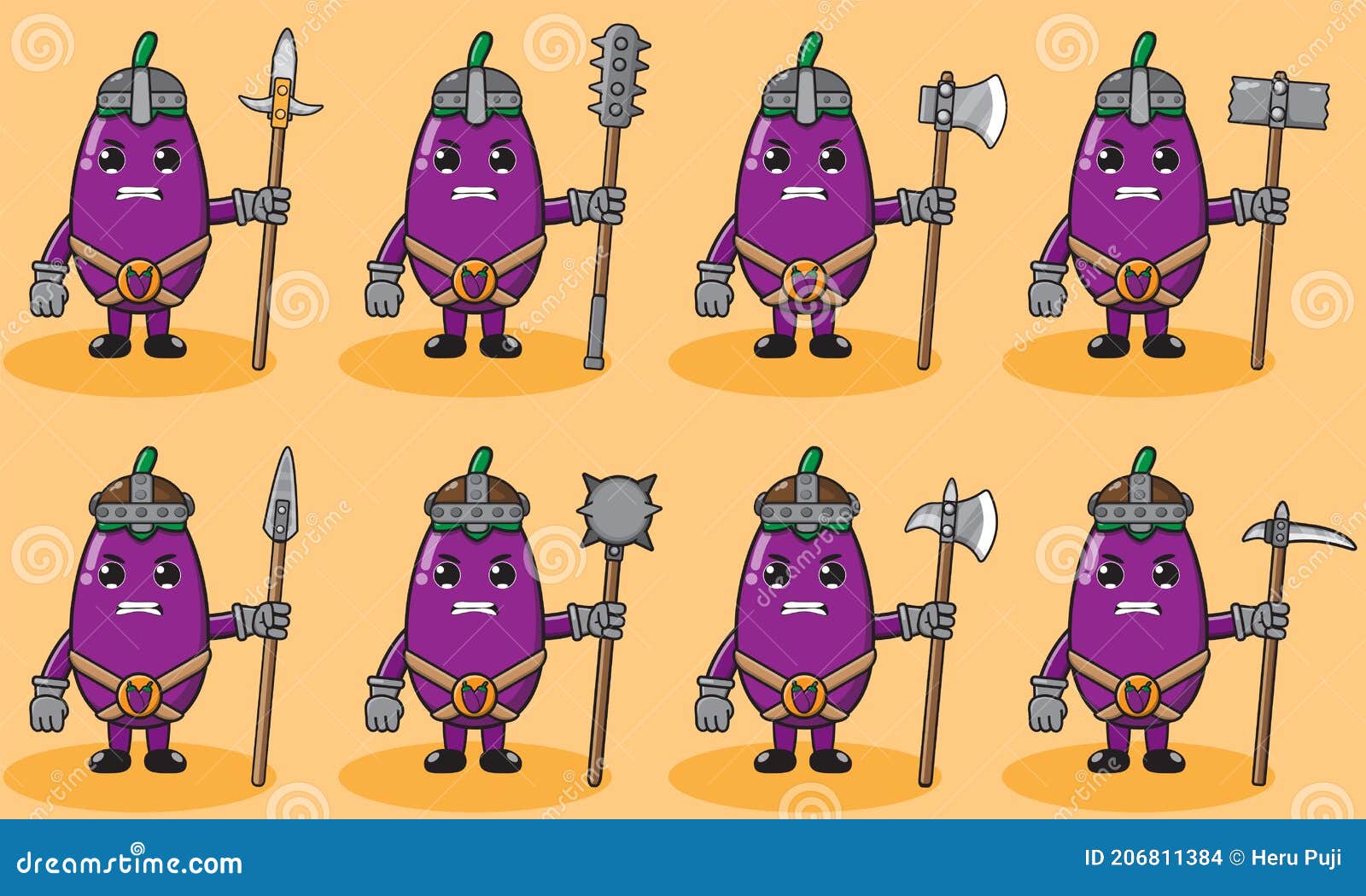 Cute Eggplant Knight. Cute and Funny Fruit Set. Two Handed Weapons and ...