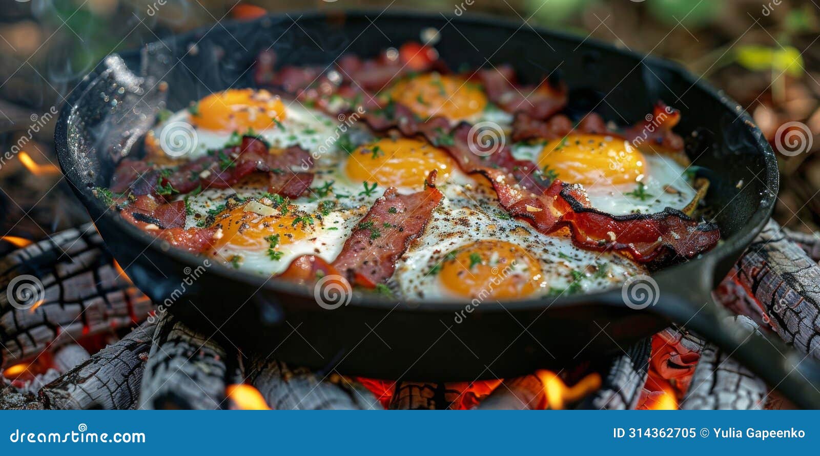 Eggs and Bacon Cooking in a Skillet Over a Campfire Stock Image - Image ...