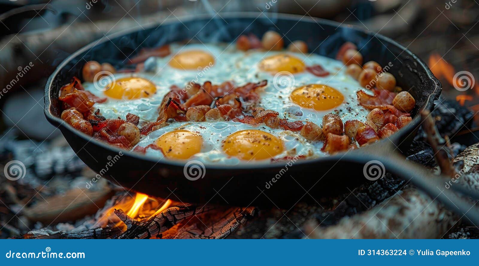 Eggs and Bacon Cooking in a Skillet Over a Campfire Stock Photo - Image ...