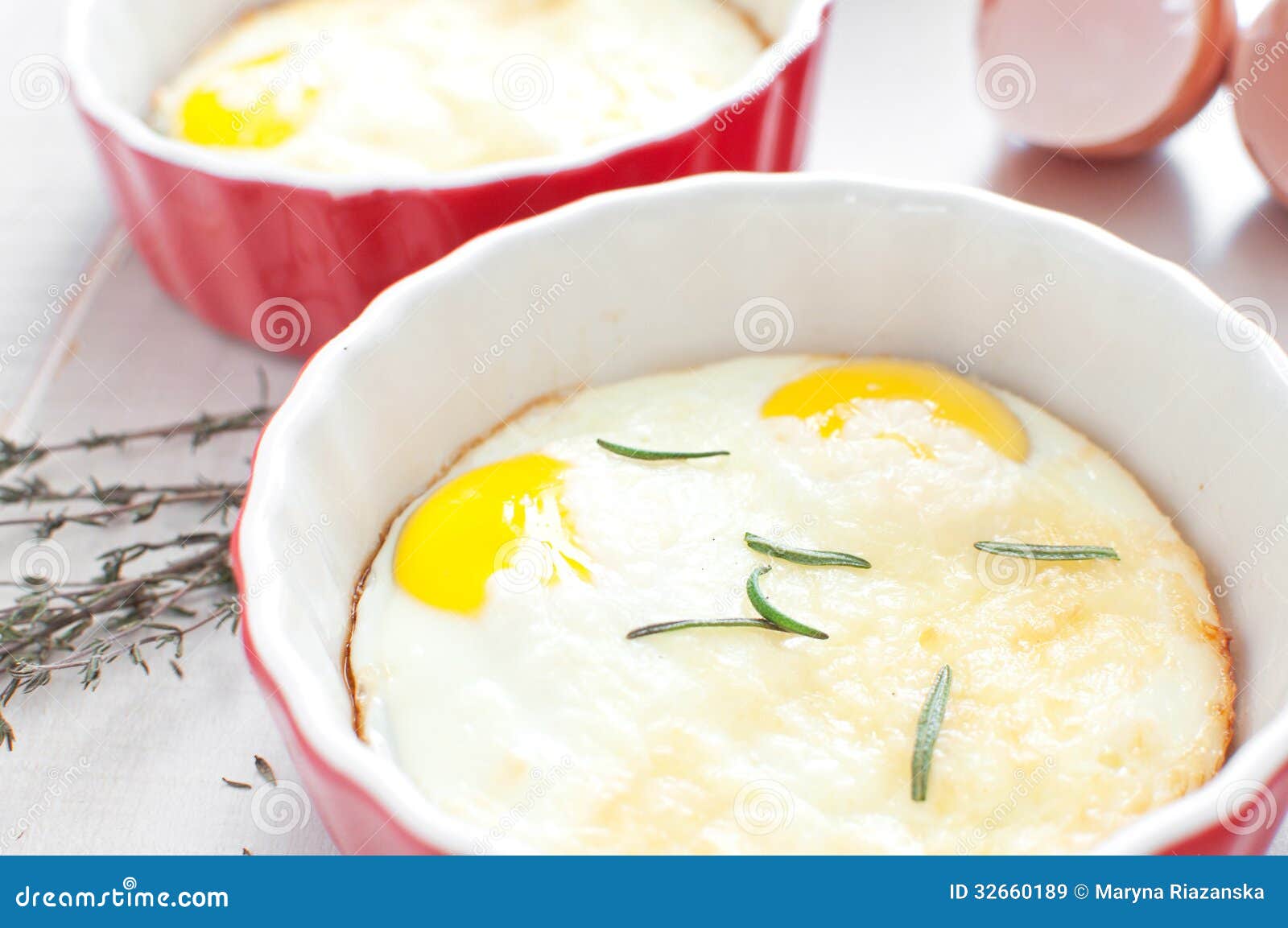 Eggs Baked In Ramekins With Cheese Stock Image Image Of Healthy Fork 32660189