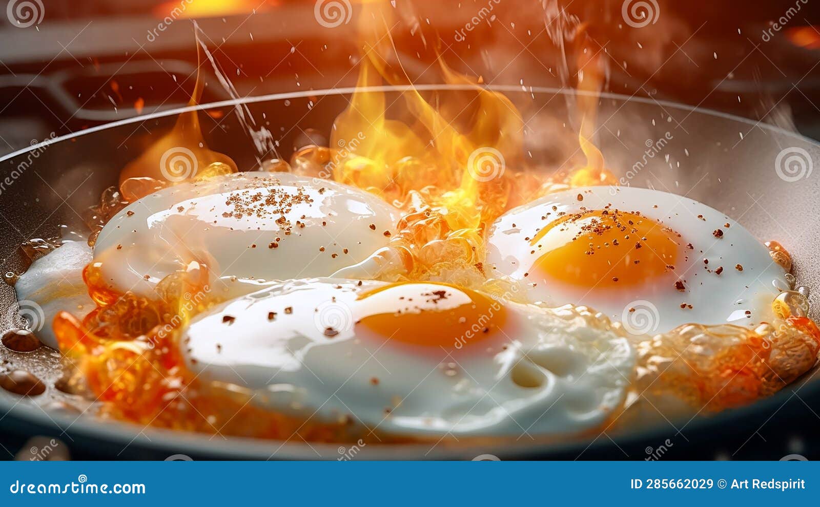 Eggs Being Cooked with Fire on Top of a Skillet, Generative AI Stock ...