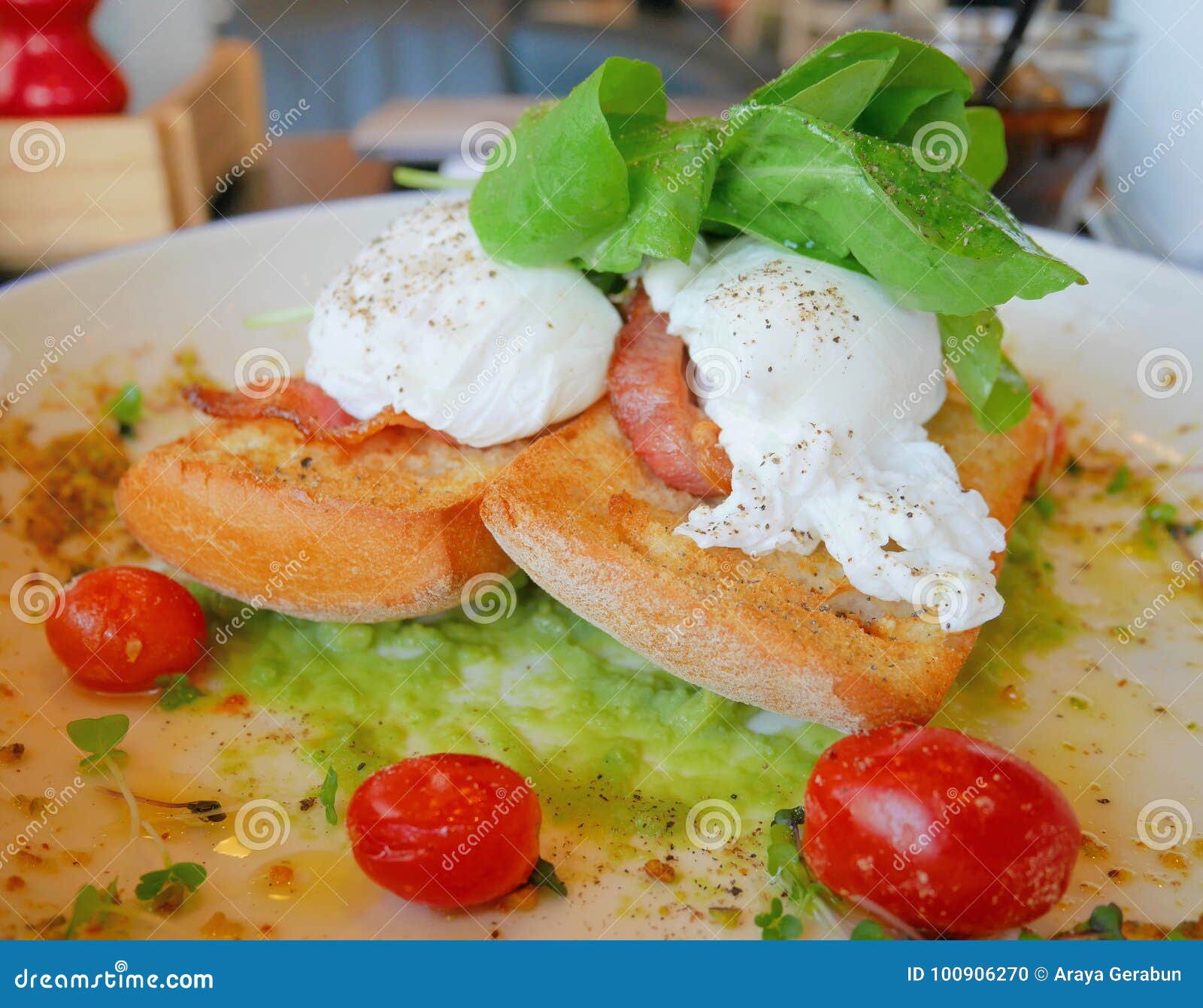 Eggs Benedict on Toast with Bacon, Rocket Salad, Avocado Sauce and ...