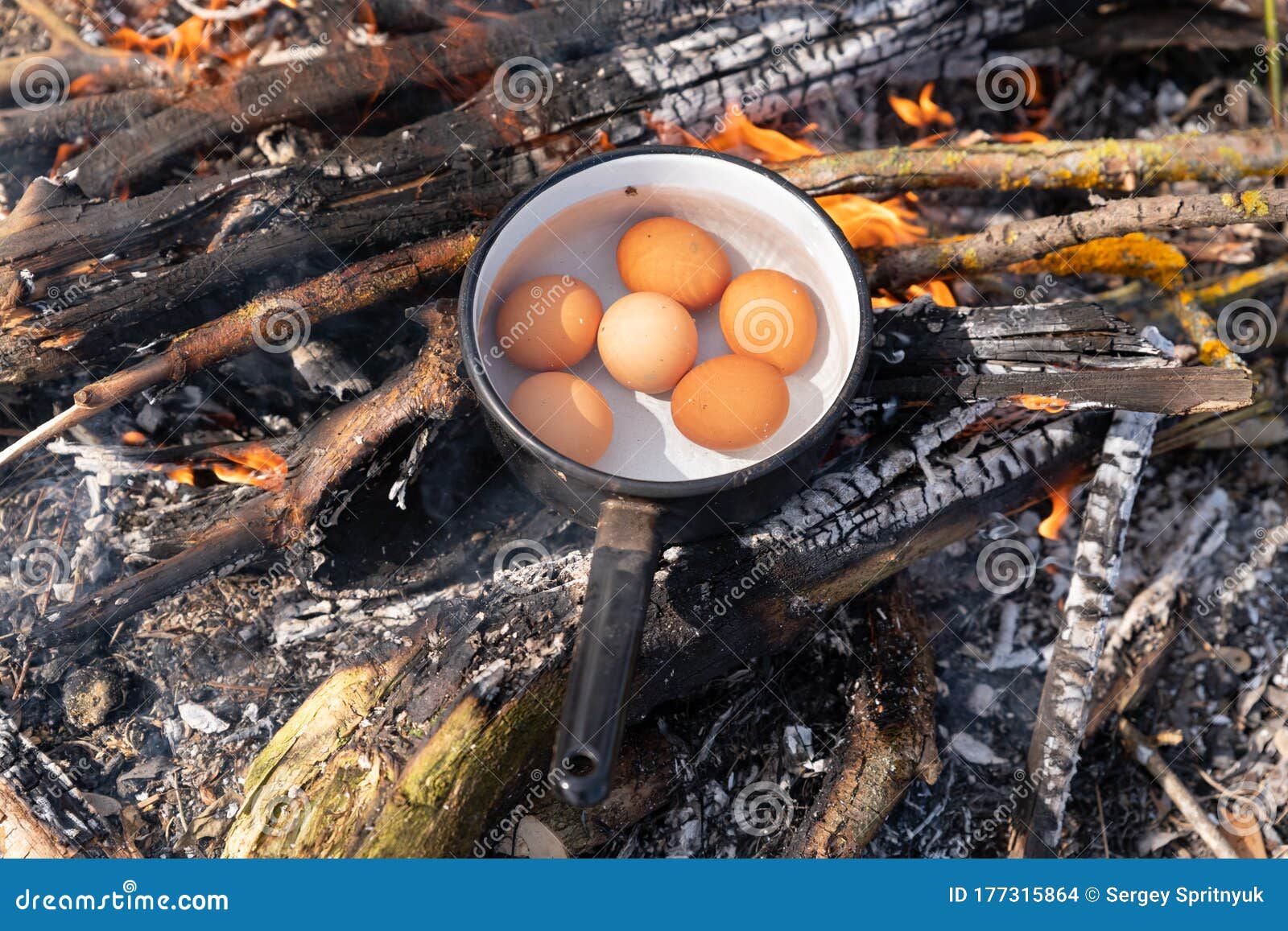 Eggs in a Cast Cauldron Full Boiling Water on a Camping Fire Stock ...