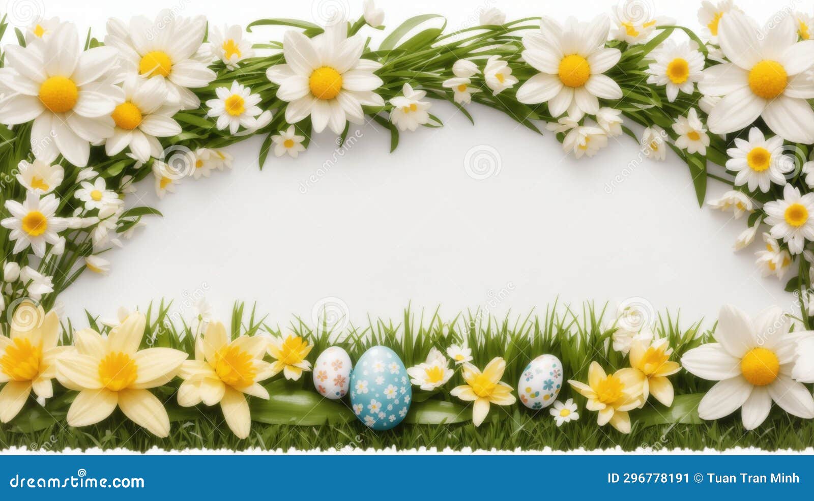 Eggs, Daisies, Daffodils, and Green Grass, Spring Easter Borders Stock ...
