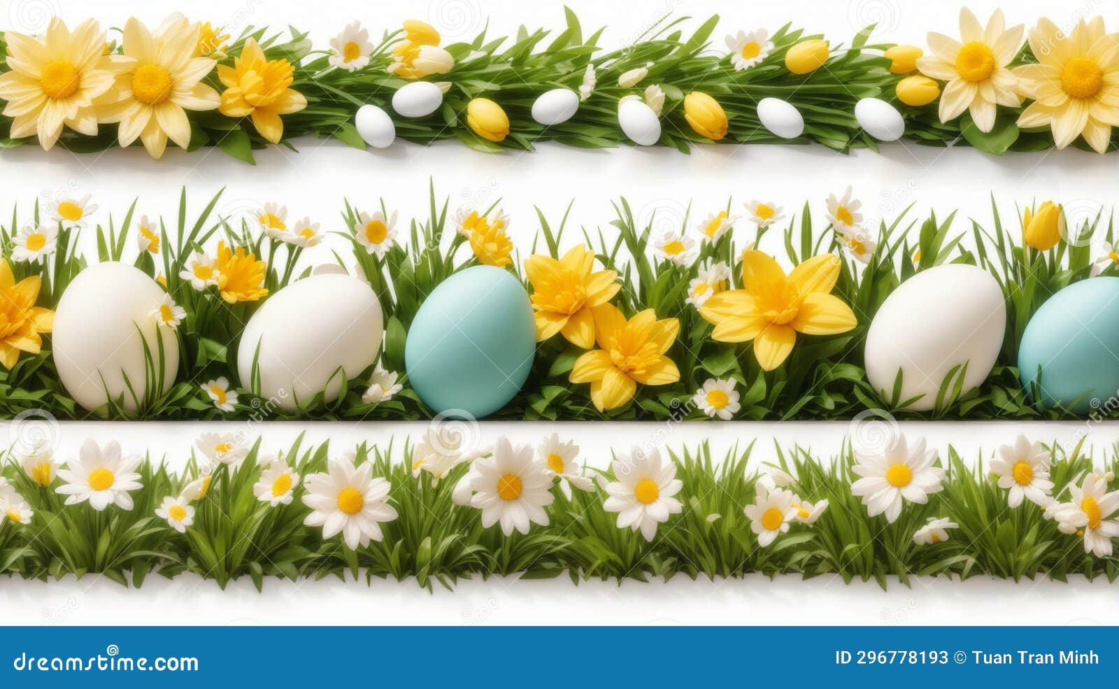 Eggs, Daisies, Daffodils, and Green Grass, Spring Easter Borders Stock ...