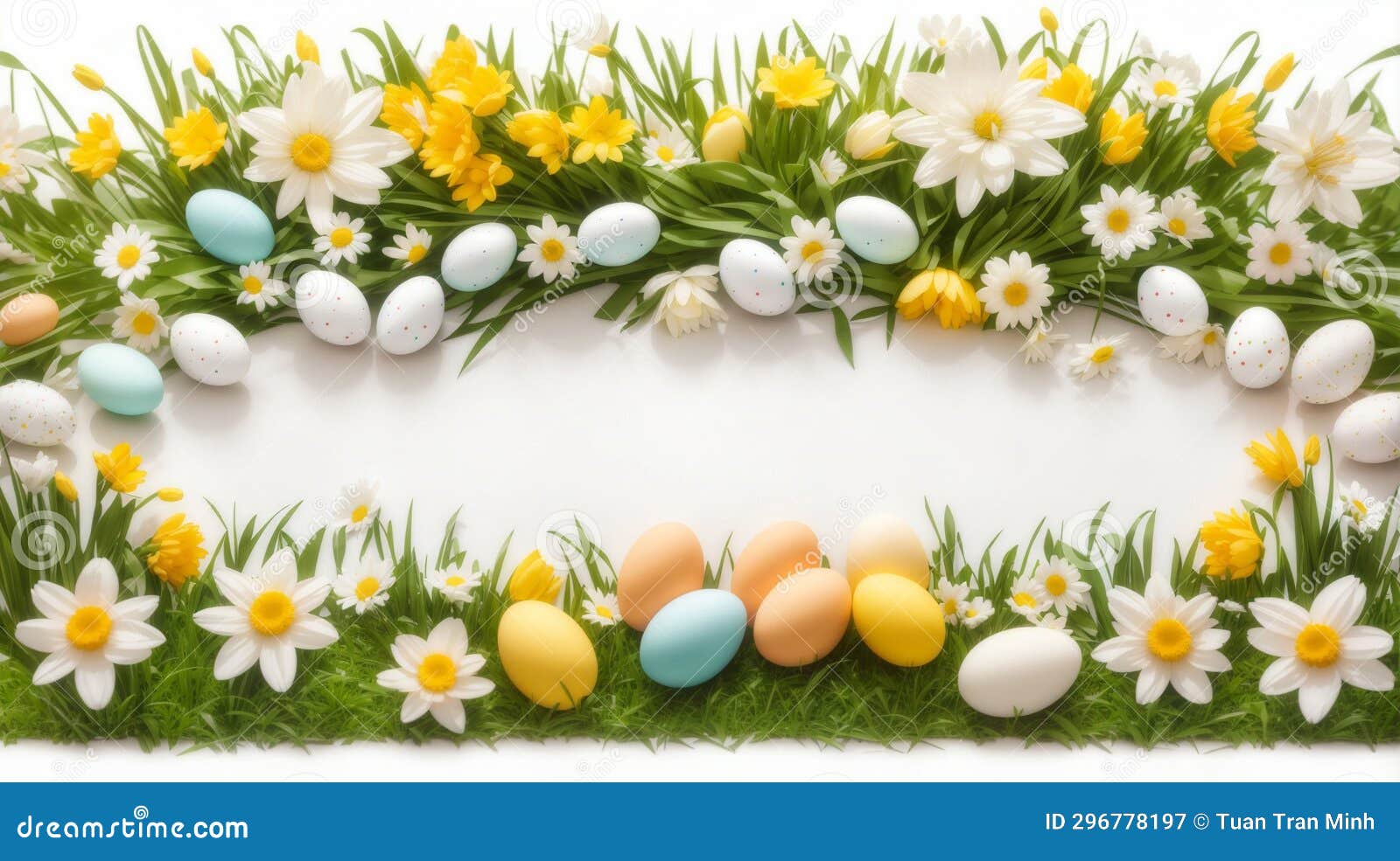 Eggs, Daisies, Daffodils, and Green Grass, Spring Easter Borders Stock ...