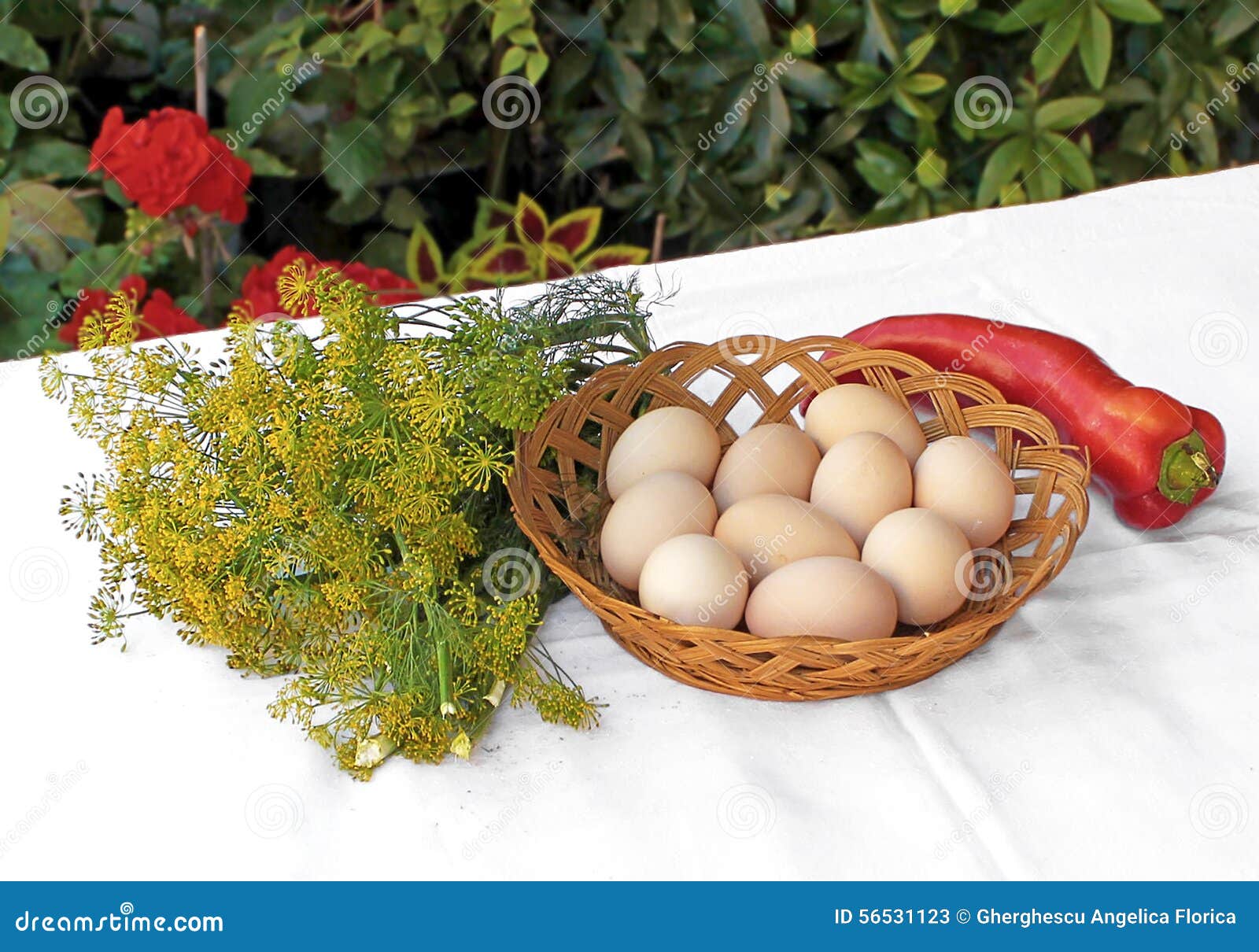 Eggs, dill and red pepper stock image. Image of diet - 56531123