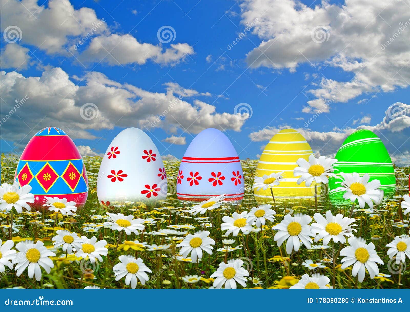 Eggs on the Grass and Daisies Easter Background and Cloudy Blue Sky ...
