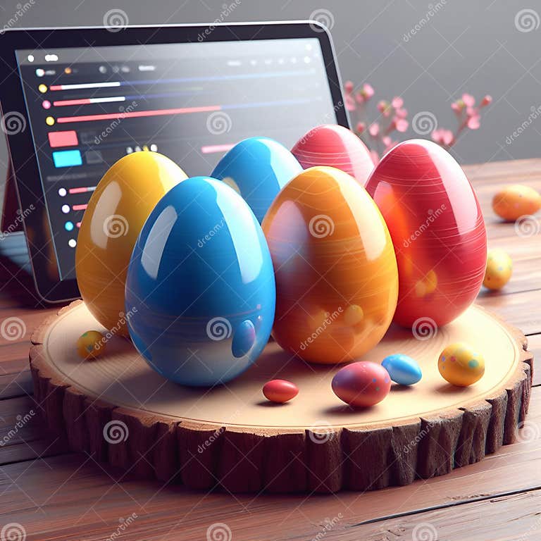 Eggs on the Table. Easter Eggs and Laptop on Wooden Table. Stock ...