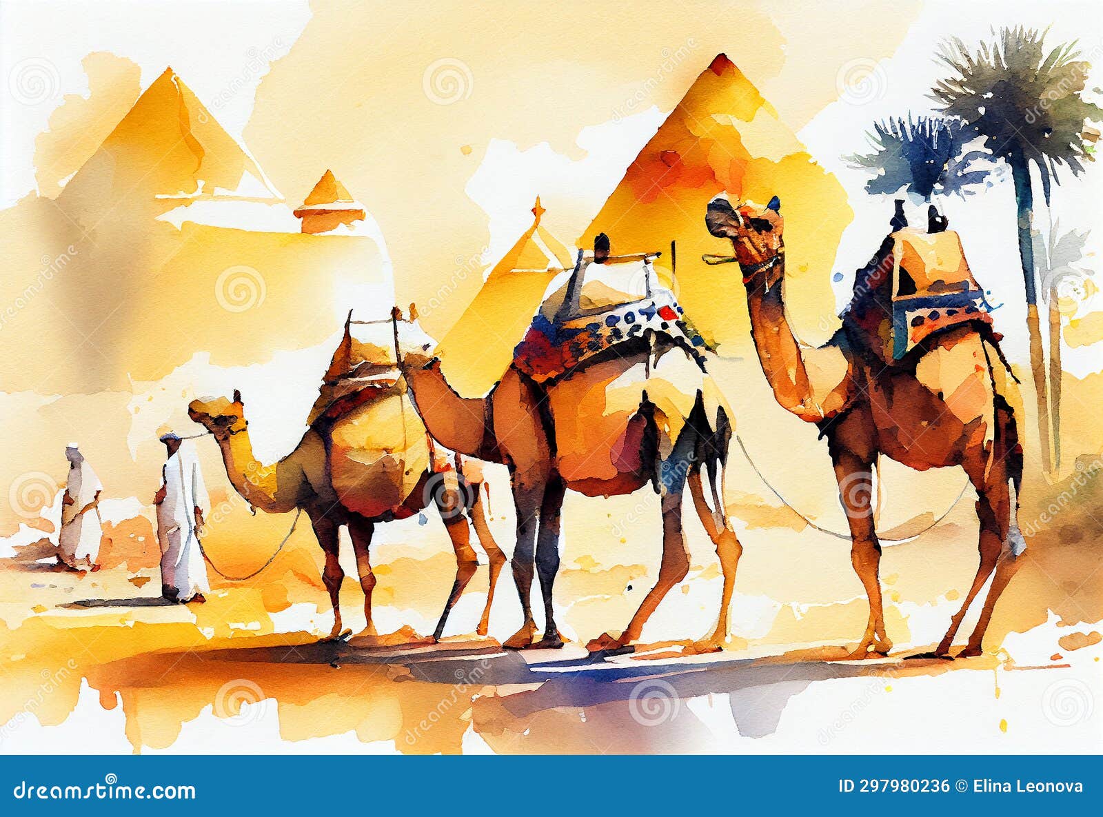 Egypt Camels On The Background Of The Pyramids. Vector Illustration ...