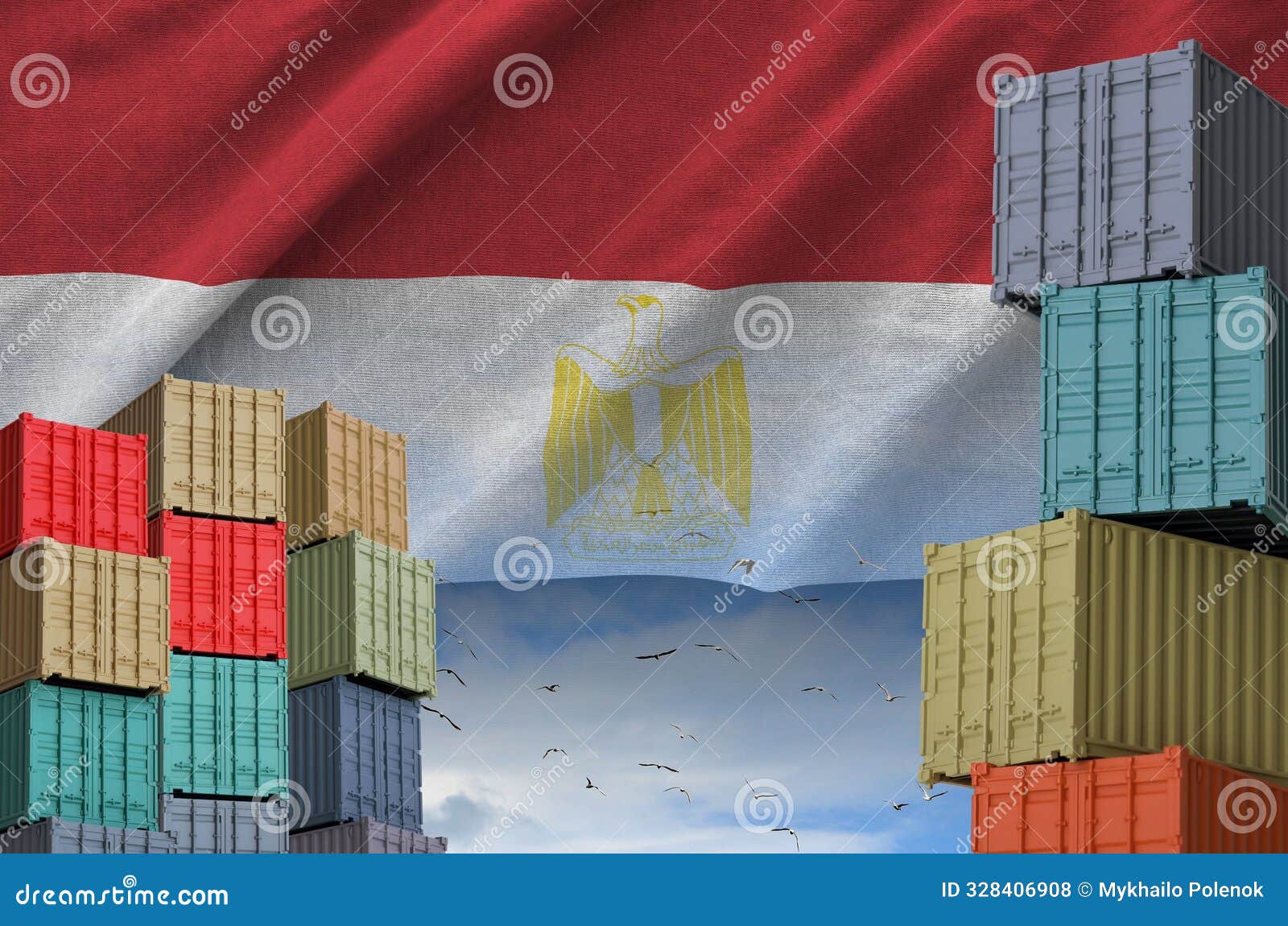 Egypt Flag and Big Stack of Shipping Cargo Containers in Docks with Sky ...