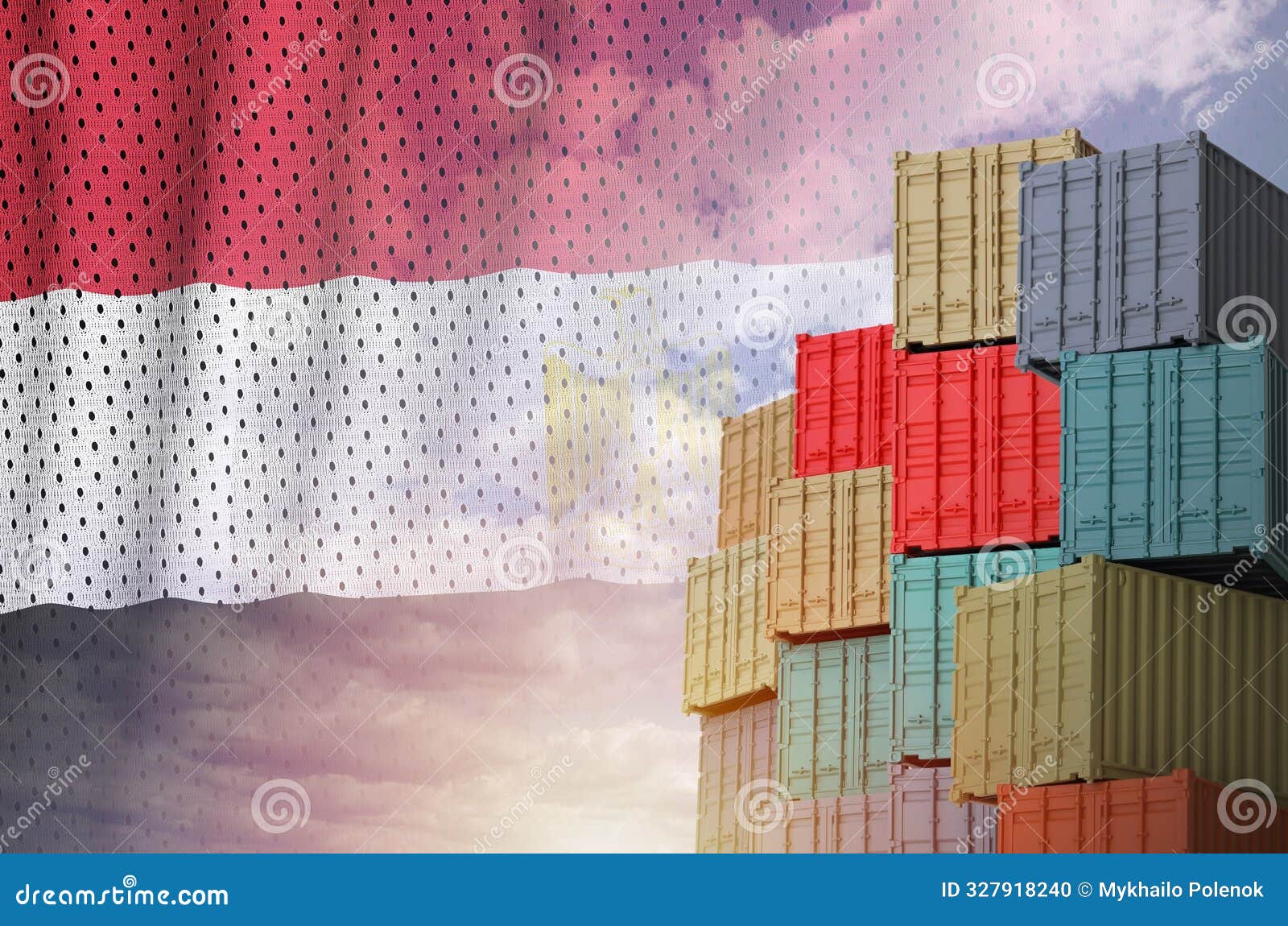 Egypt Flag and Big Stack of Shipping Cargo Containers in Docks with Sky ...