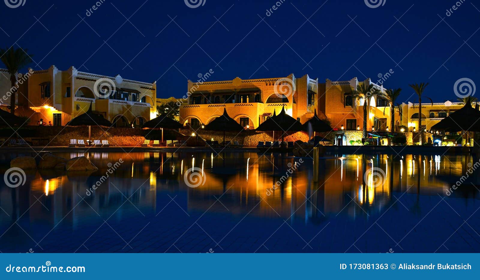 Egypt Hotel Pool Reflection at Night Stock Image - Image of luxury ...