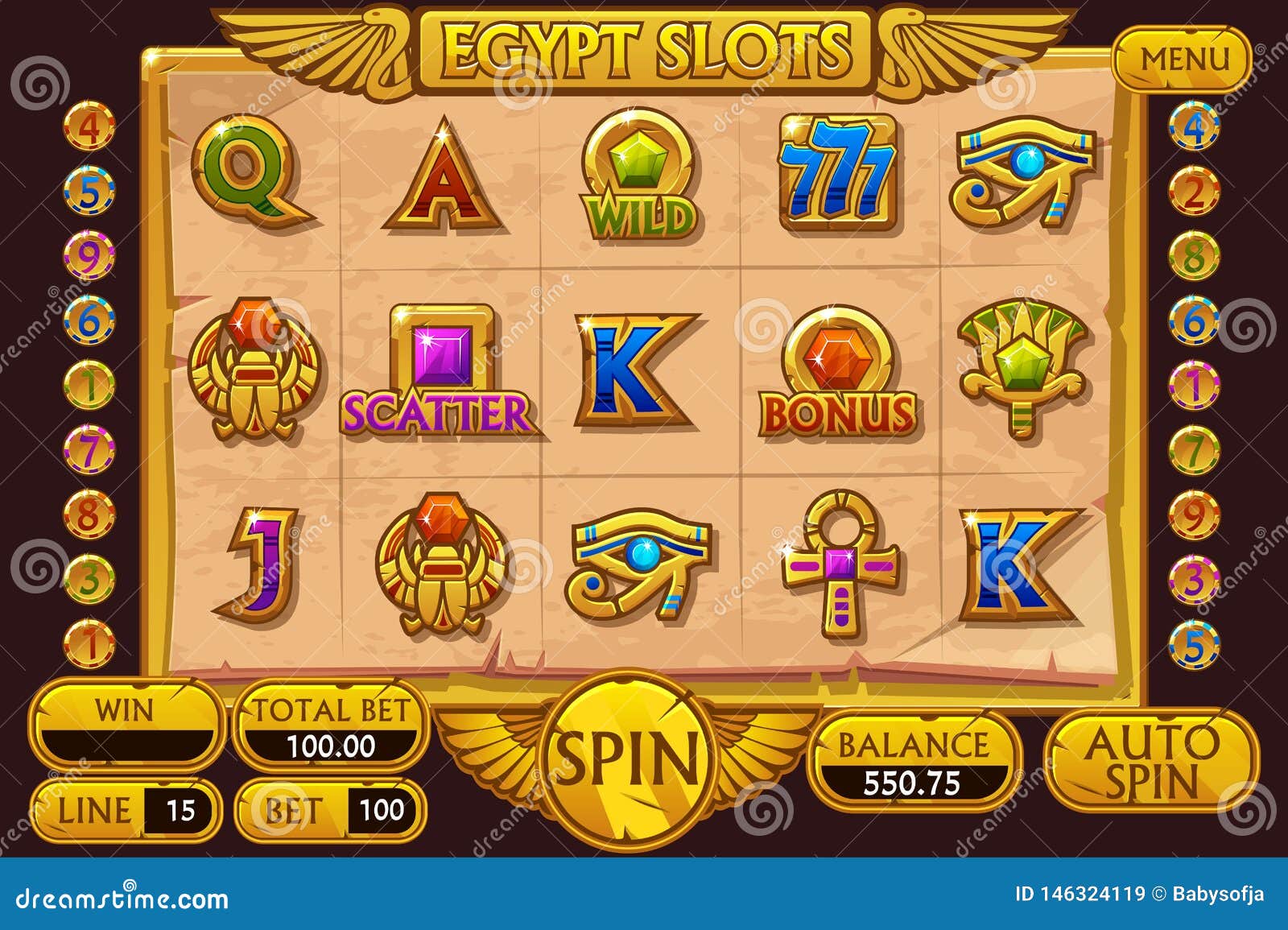 EGYPT Style Casino Slot Machine Game. Complete Interface Slot Machine ...