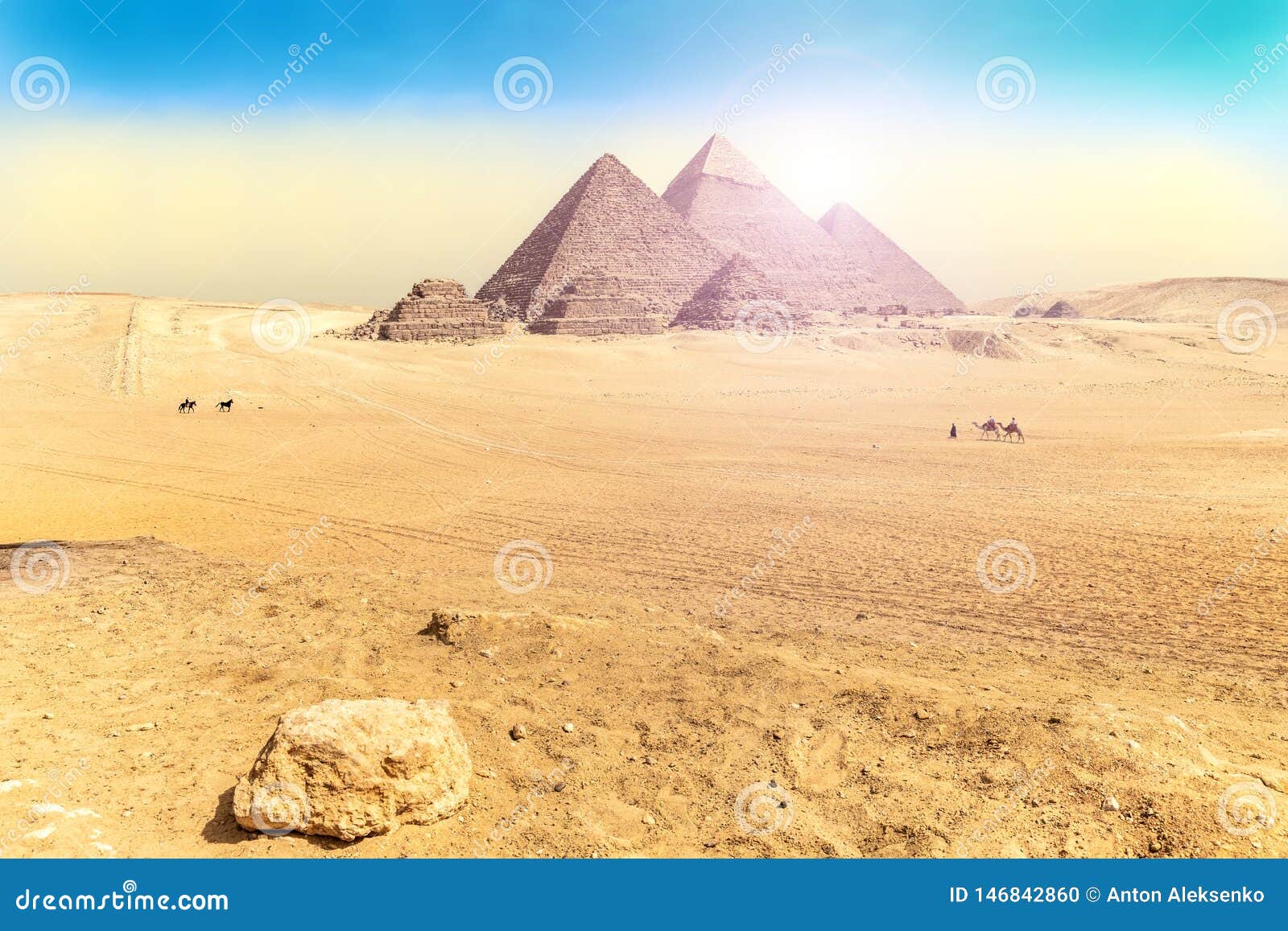 Egyptian Desert Scenery with the Great Pyramids of Giza Stock Photo ...