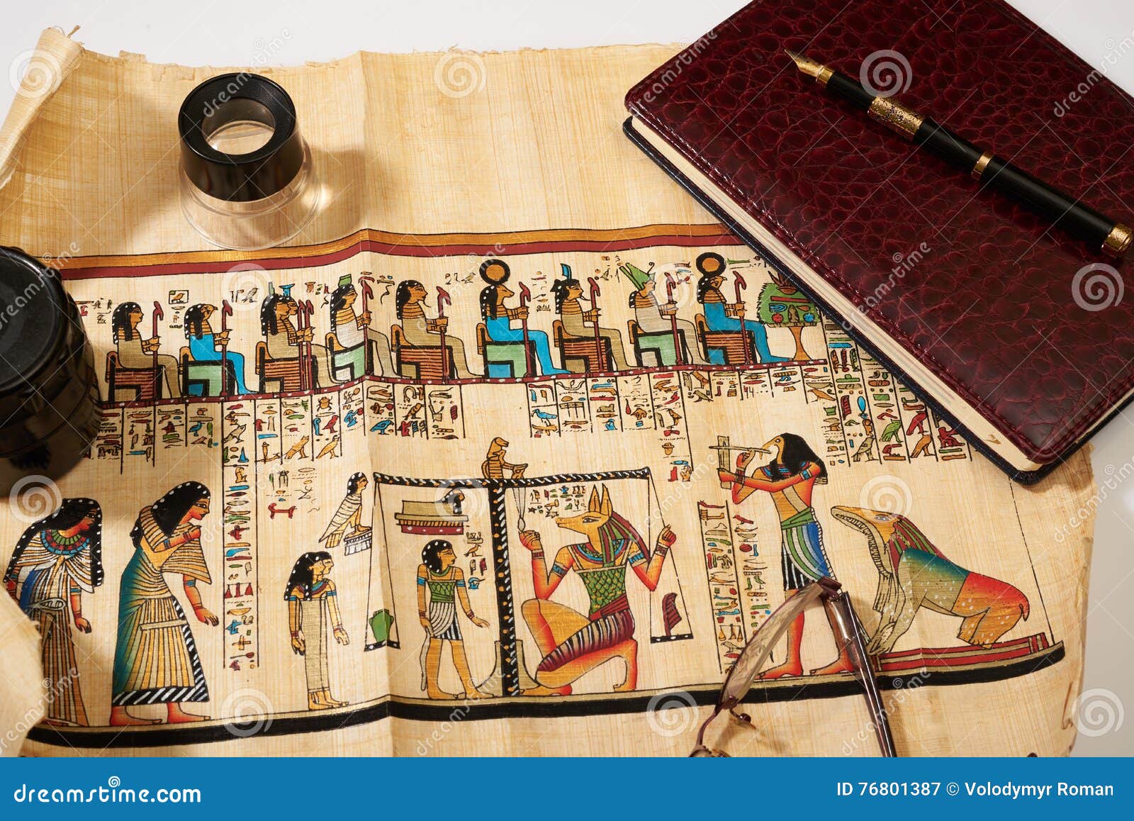 Egyptian Papyrus, Notepad, Pen, Lens Stock Image - Image of scroll ...