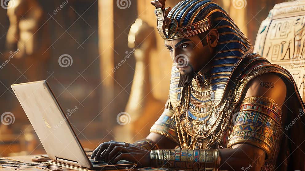Egyptian Pharaoh Using a Laptop in a Historical Setting Stock ...