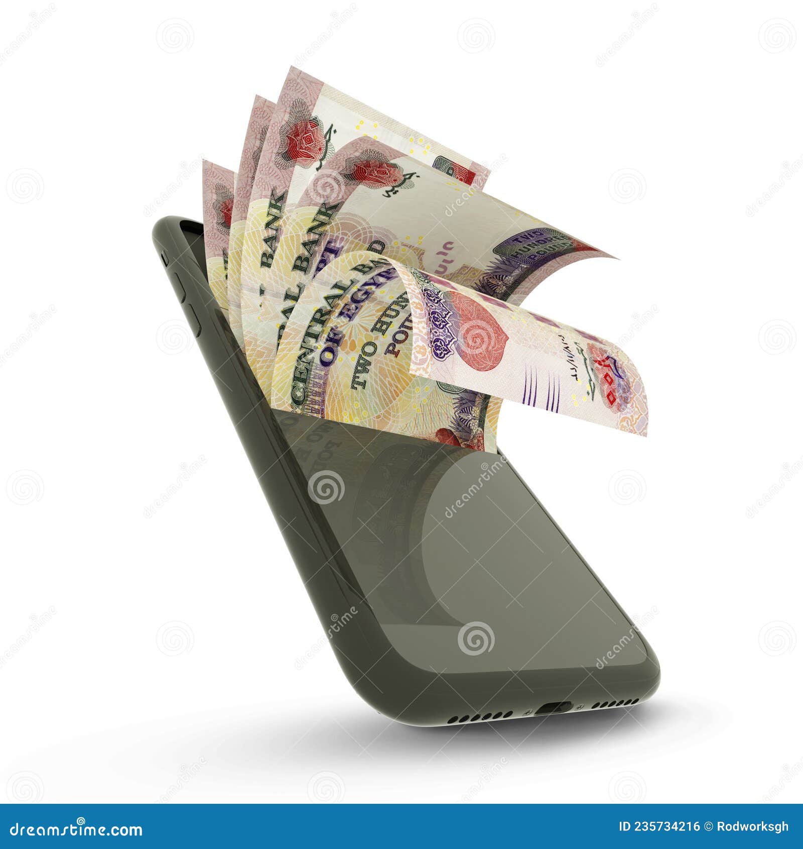 200 Egyptian Pound Notes Inside a Mobile Phone Isolated on White ...