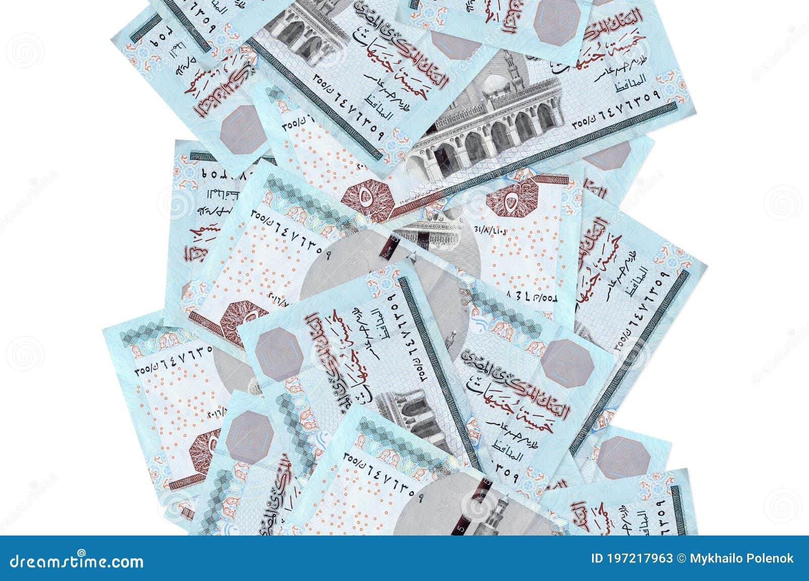 5 Egyptian Pounds Bills Flying Down Isolated on White. Many Banknotes ...