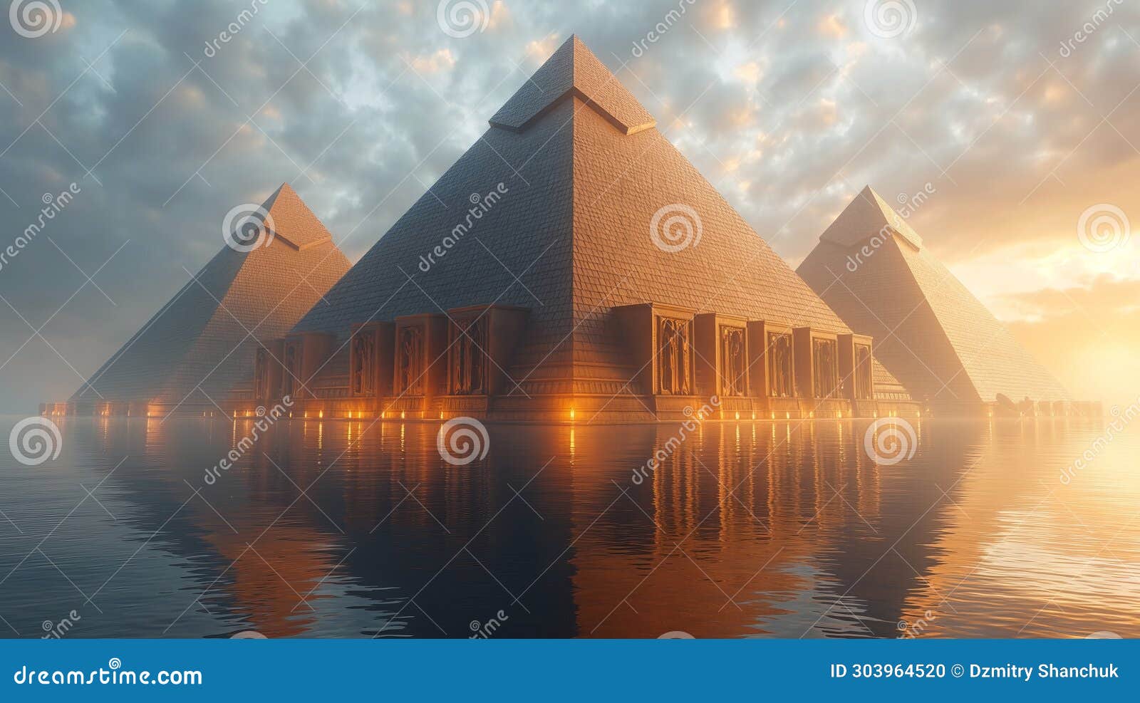 Egyptian Pyramid with Reflection in the Water. 3D Rendering Stock ...