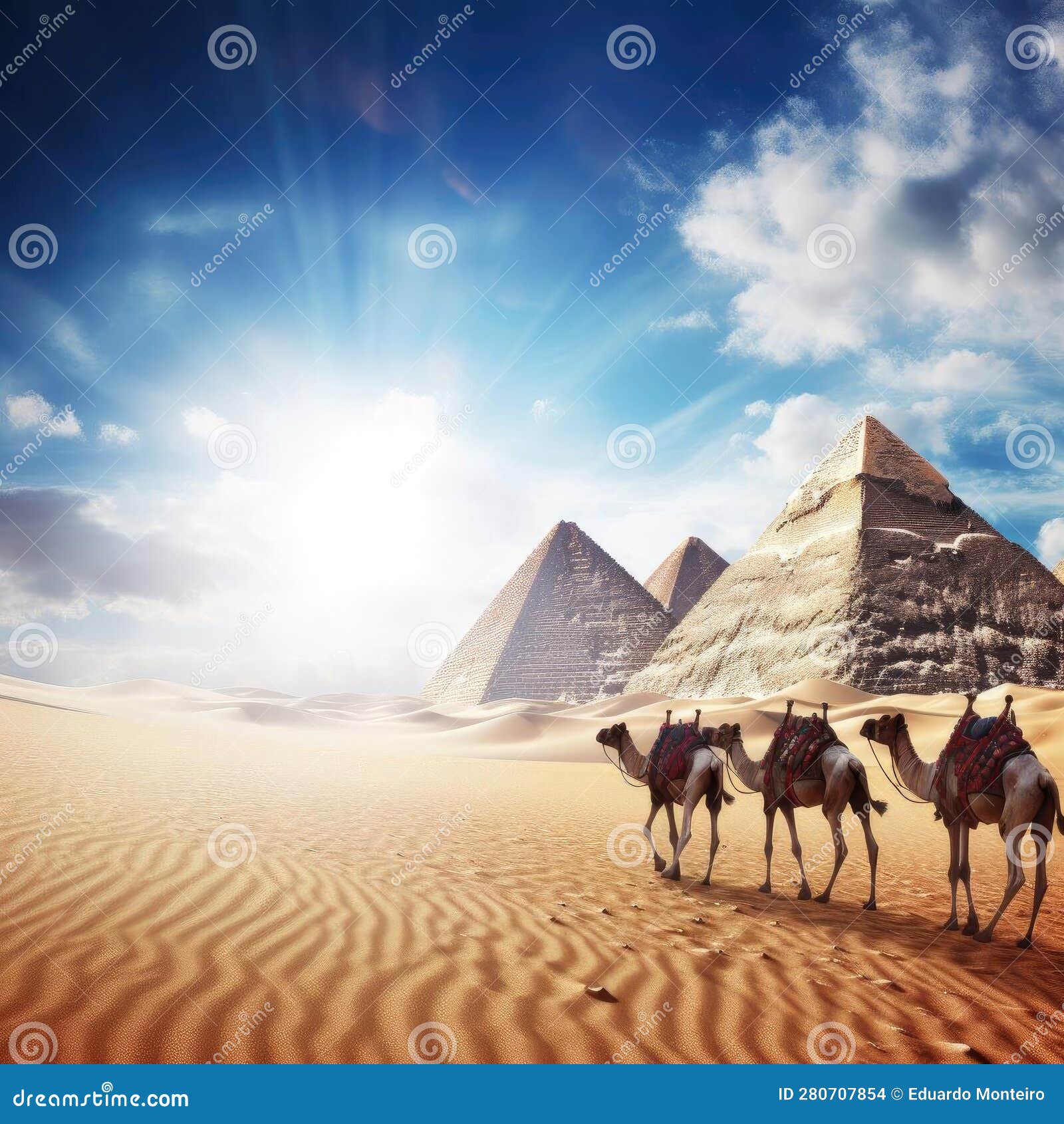 Egyptian Pyramids and Camels in the Desert Under Blue Sky Stock ...