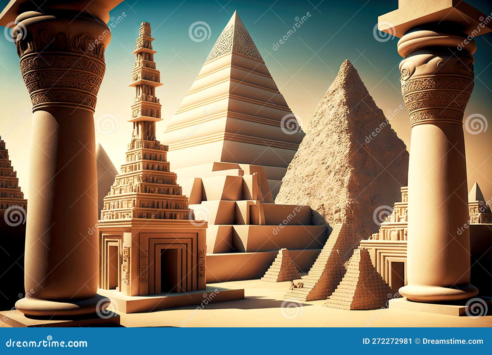 Egyptian Pyramids with Columns and Architectural Structures Stock ...