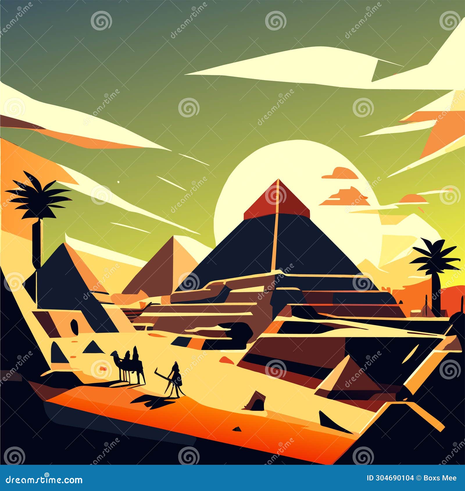 Egyptian Pyramids at Sunset. Vector Illustration in Flat Style Stock ...