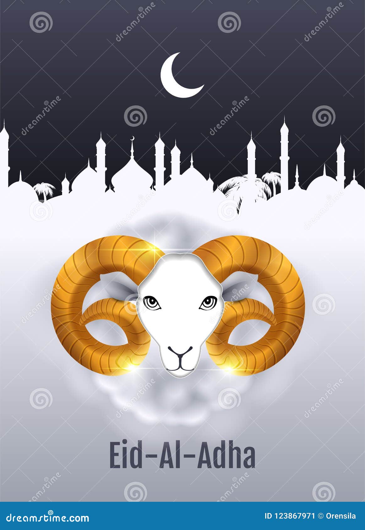 Eid Al Adha Text Greeting Card. Gold Ram Head Of Sheep. Feast Of ...