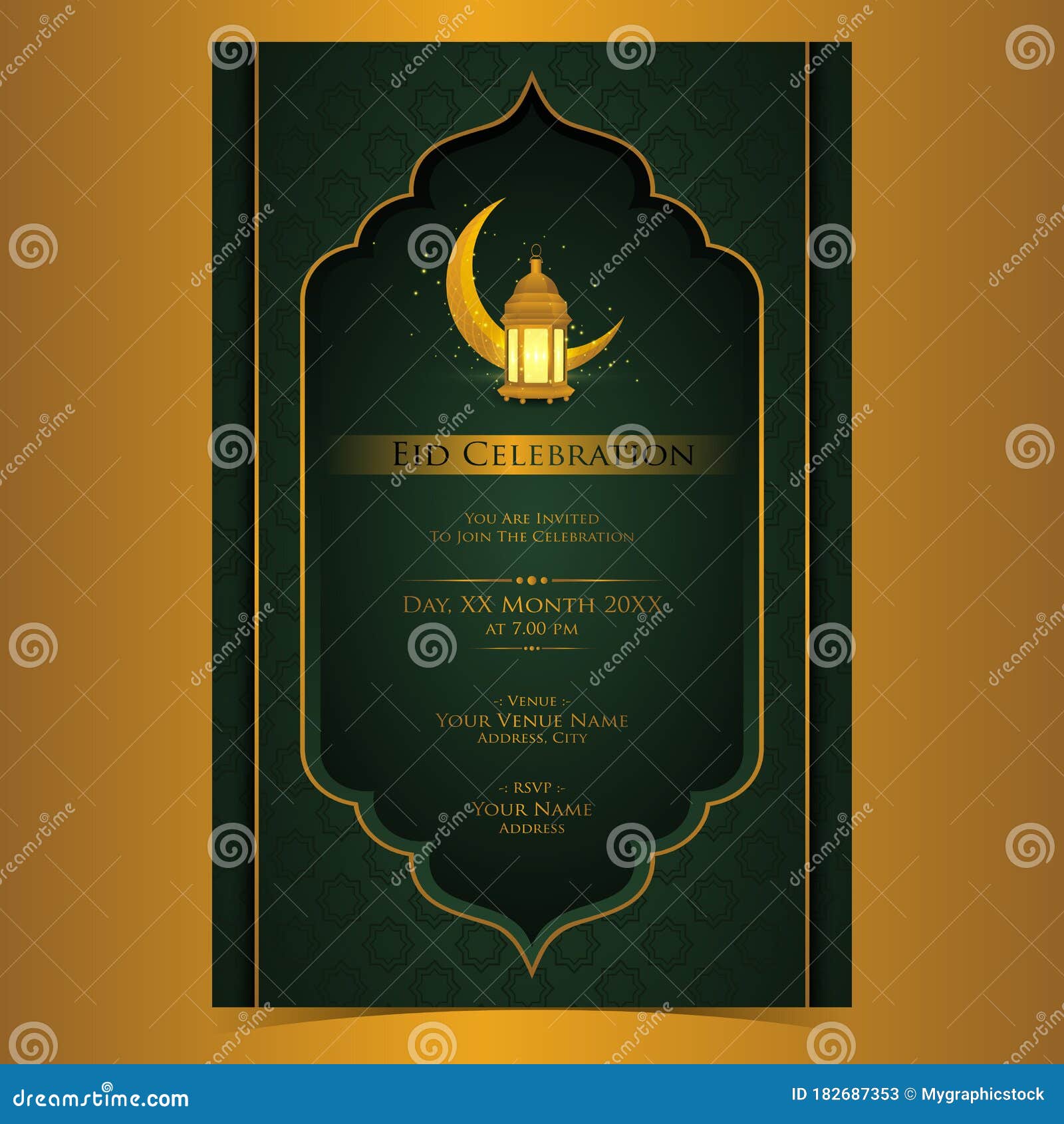 Eid Invitation Card Islamic Green Color with Decorated Golden Text Eid ...