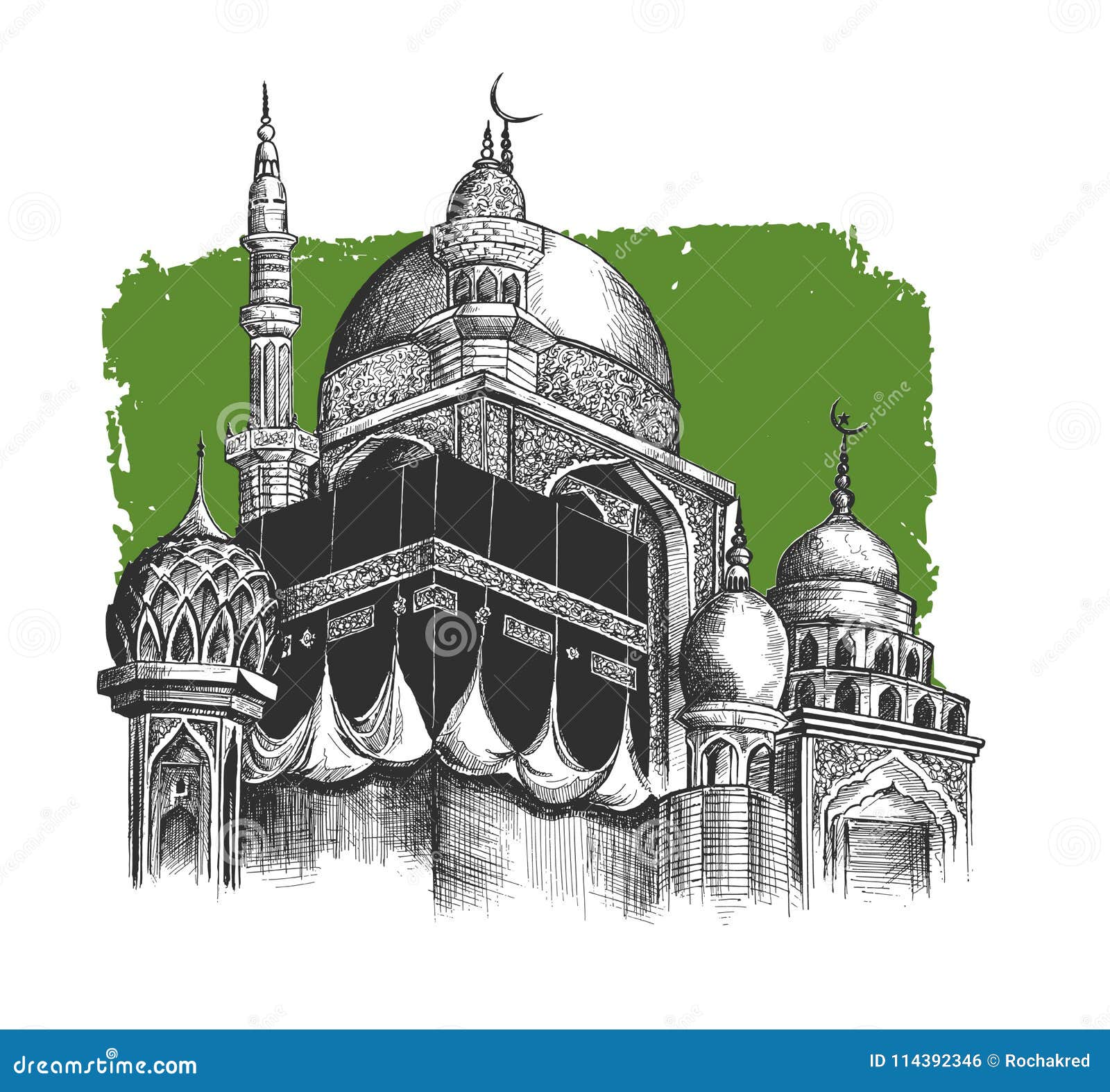 Eid Mubarak Celebration- Mosque. Hand Draw Sketch Vector Illustration ...