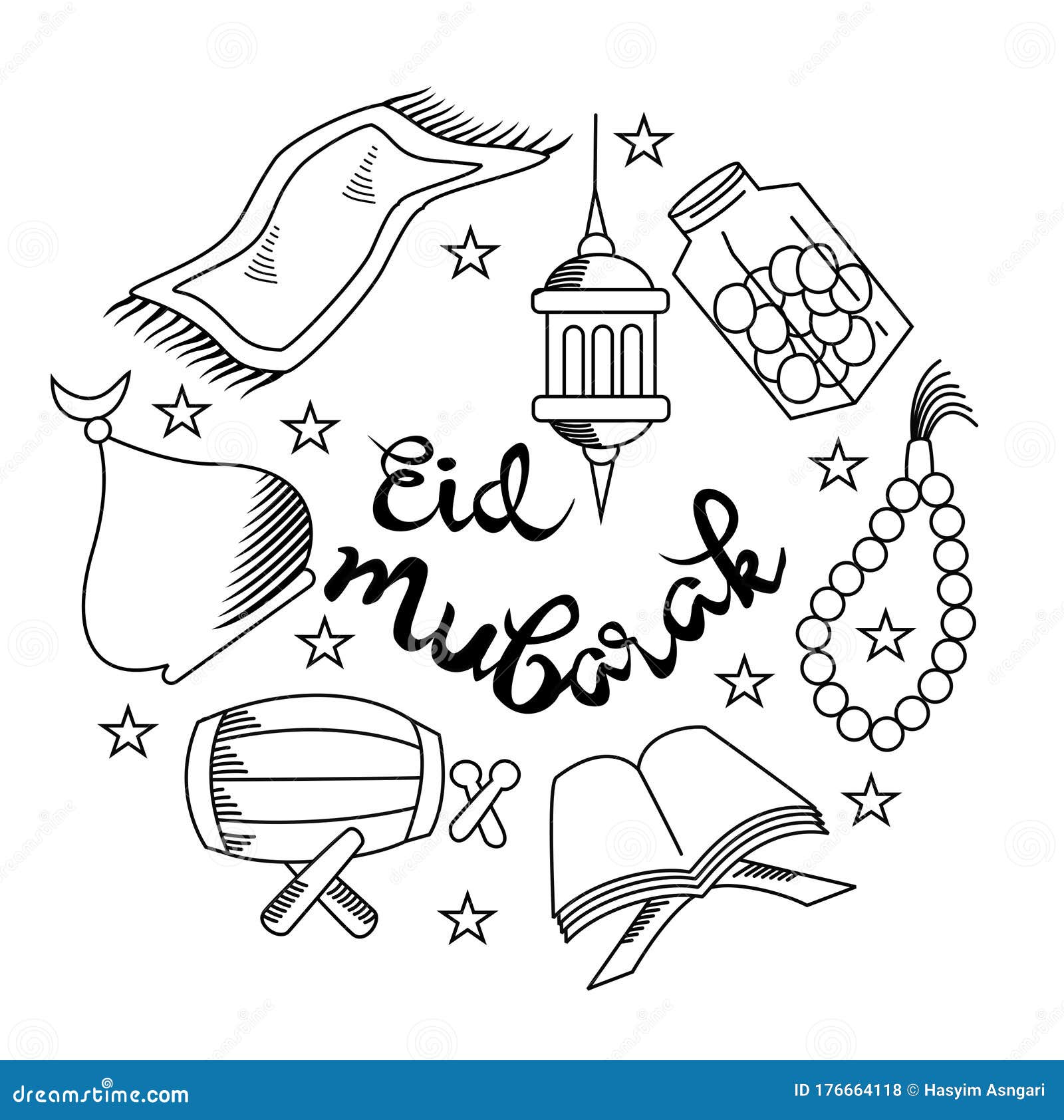 Eid Mubarak Doodle Design Vector Art Line Stock Vector - Illustration ...
