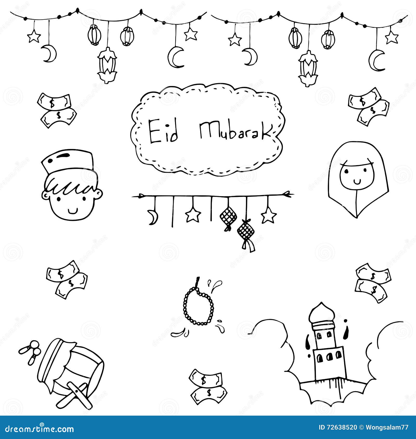 Eid Mubarak Doodle Vector Art Stock Vector - Illustration of mosque ...