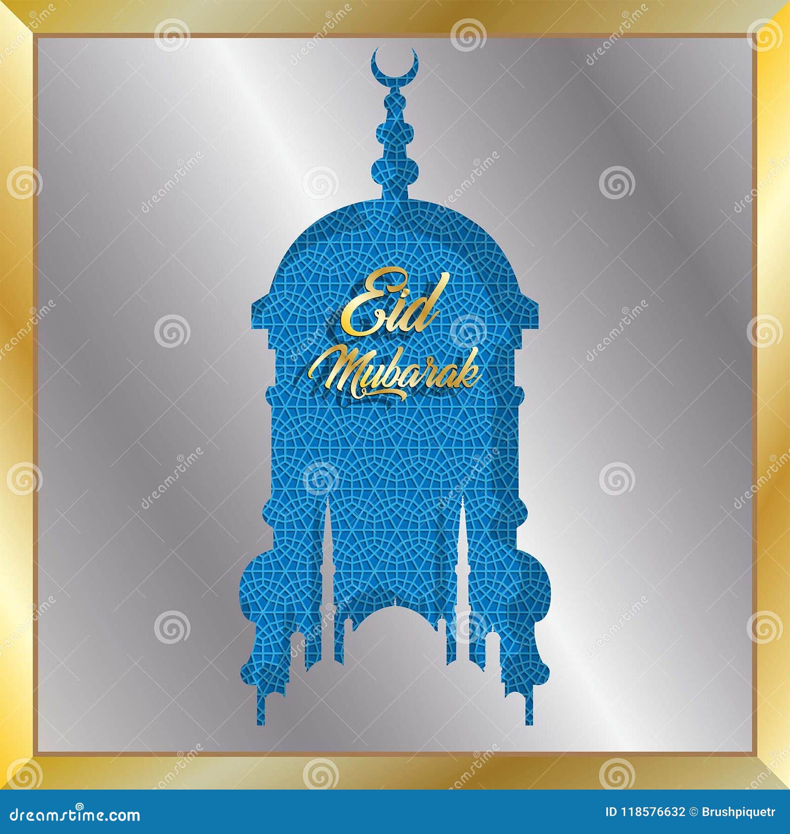 Eid Mubarak Greeting Card with Silver and Gold Mosque Dome Stock Vector ...
