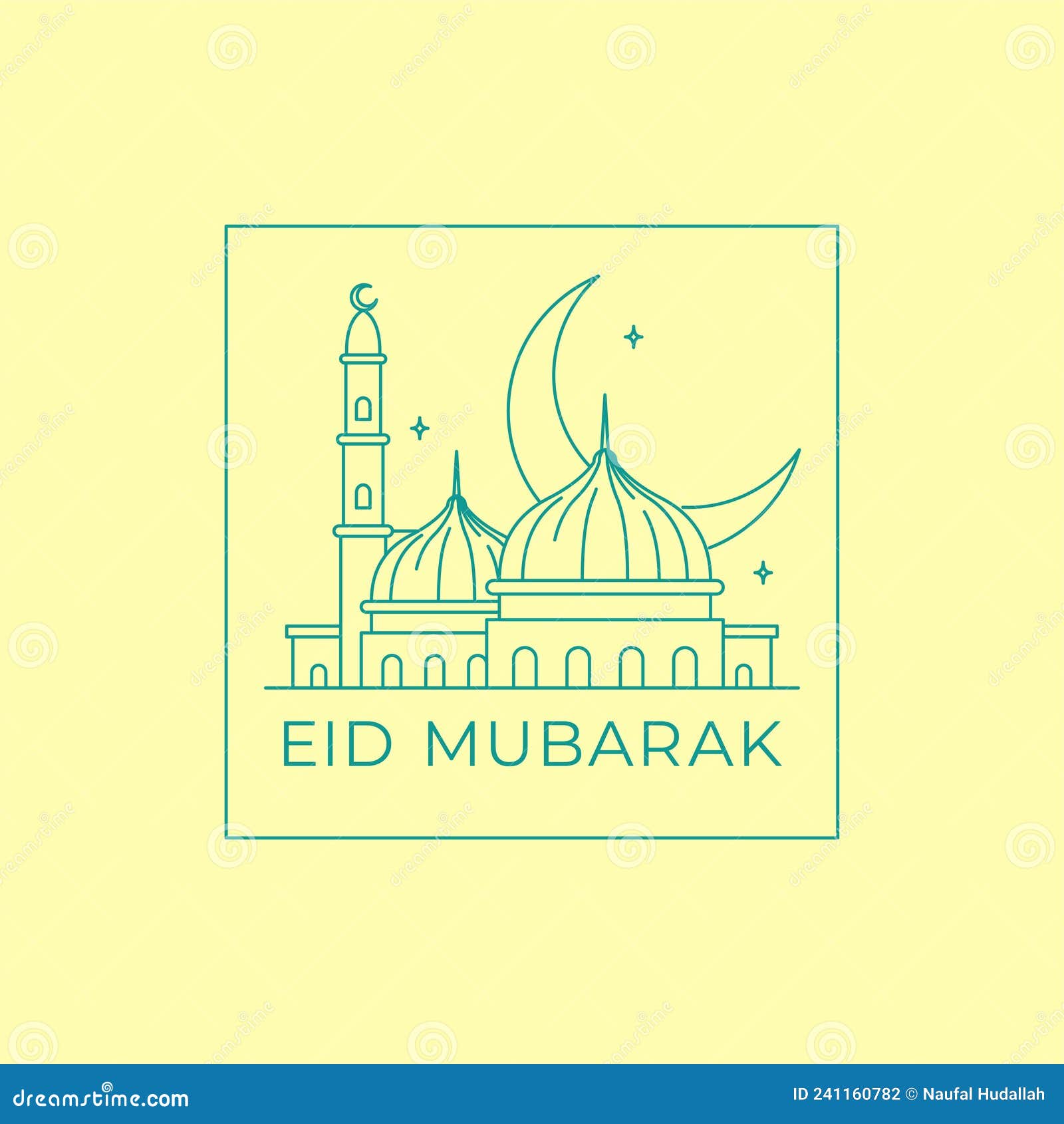 Eid Mubarak Simple Monoline Badge Design with Great Mosque and Crescent ...