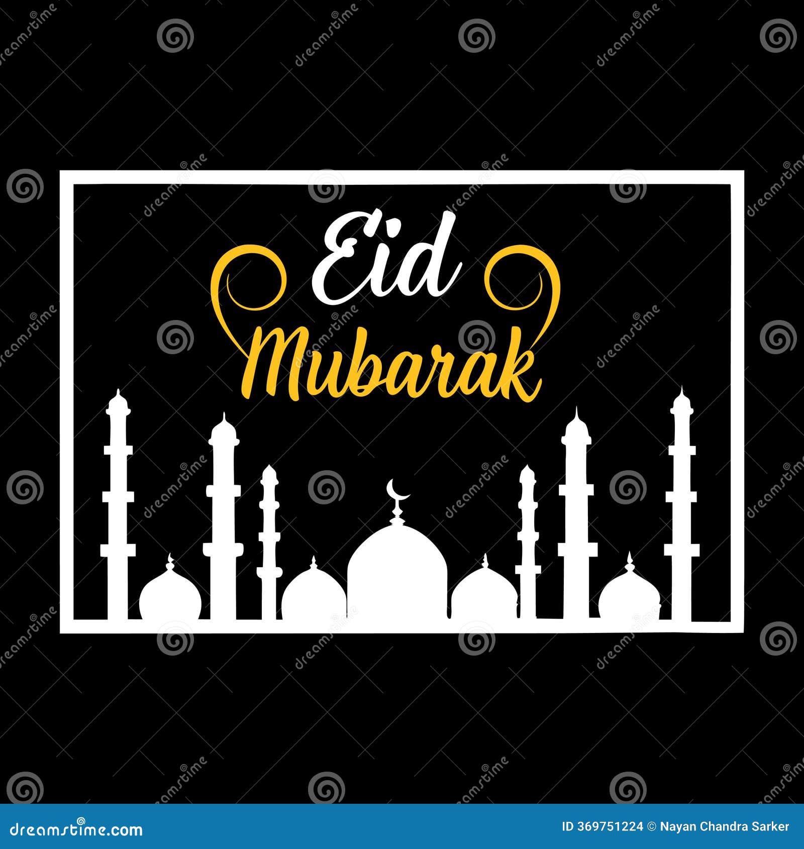 Eid Mubarak Typography Greeting Card Template Design With Mosque Vector ...