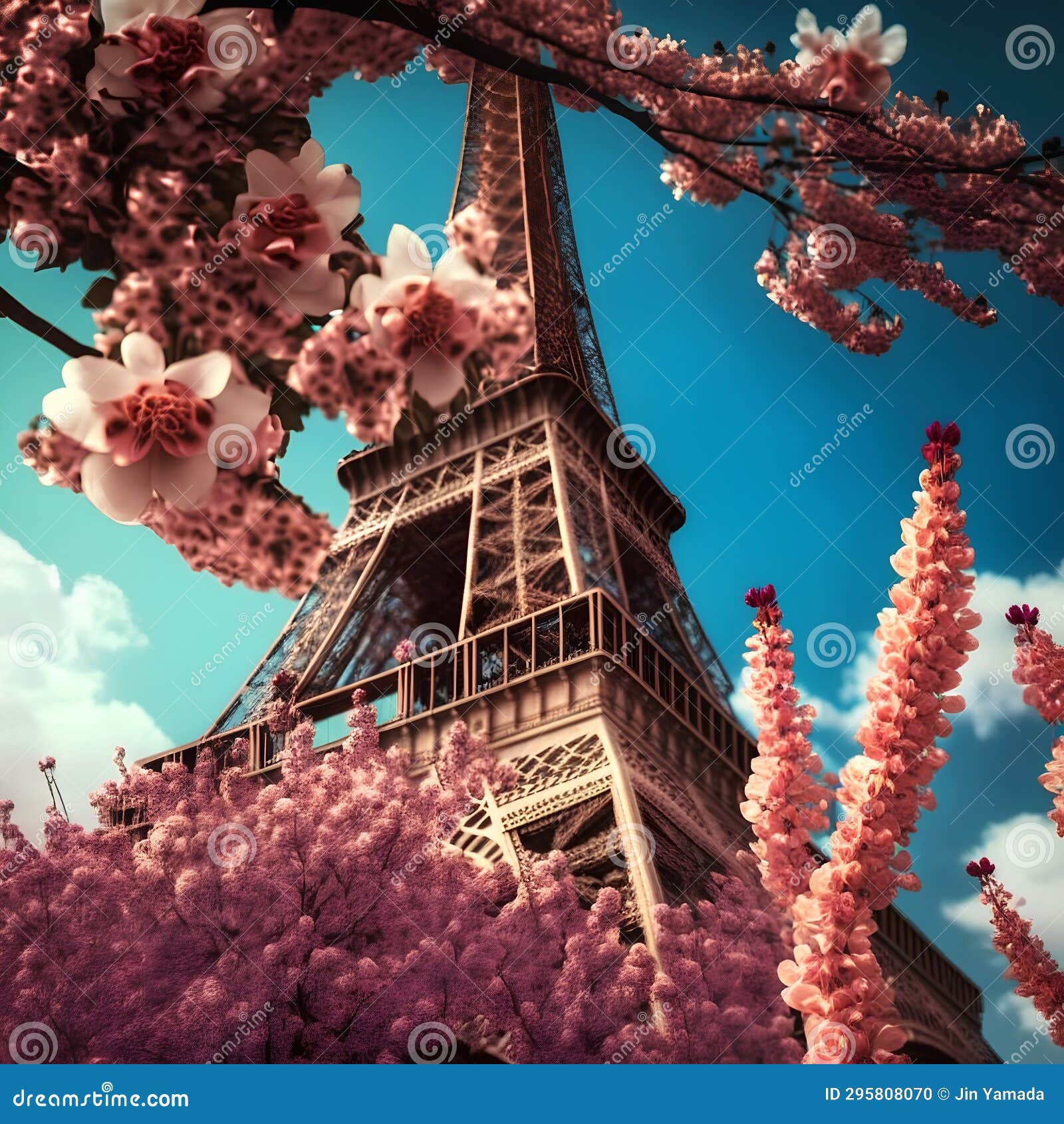 Eiffel Tower with Blooming Sakura in Paris, France Stock Illustration ...