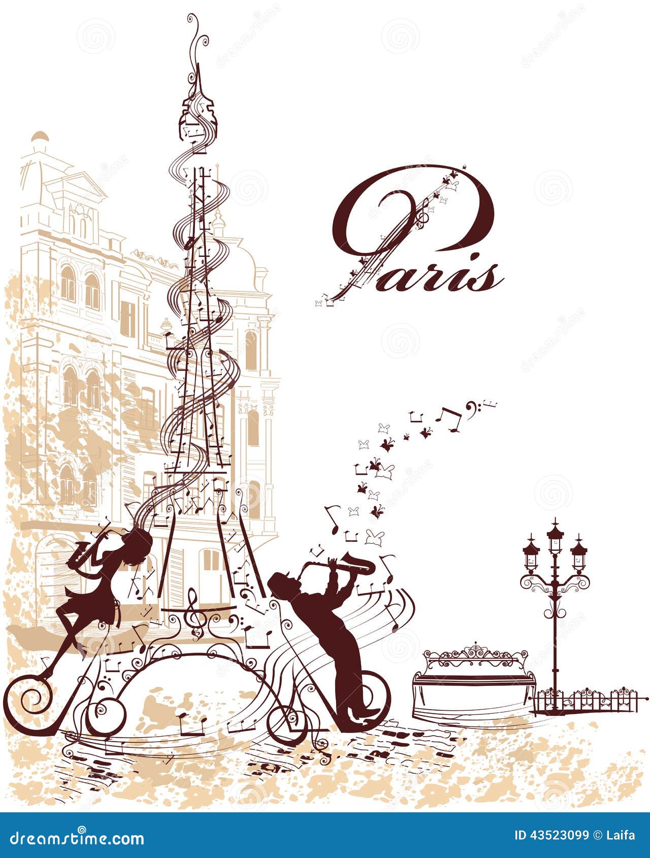 Eiffel Tower Decorated with Musical Stave, Notes, Musicians Stock ...