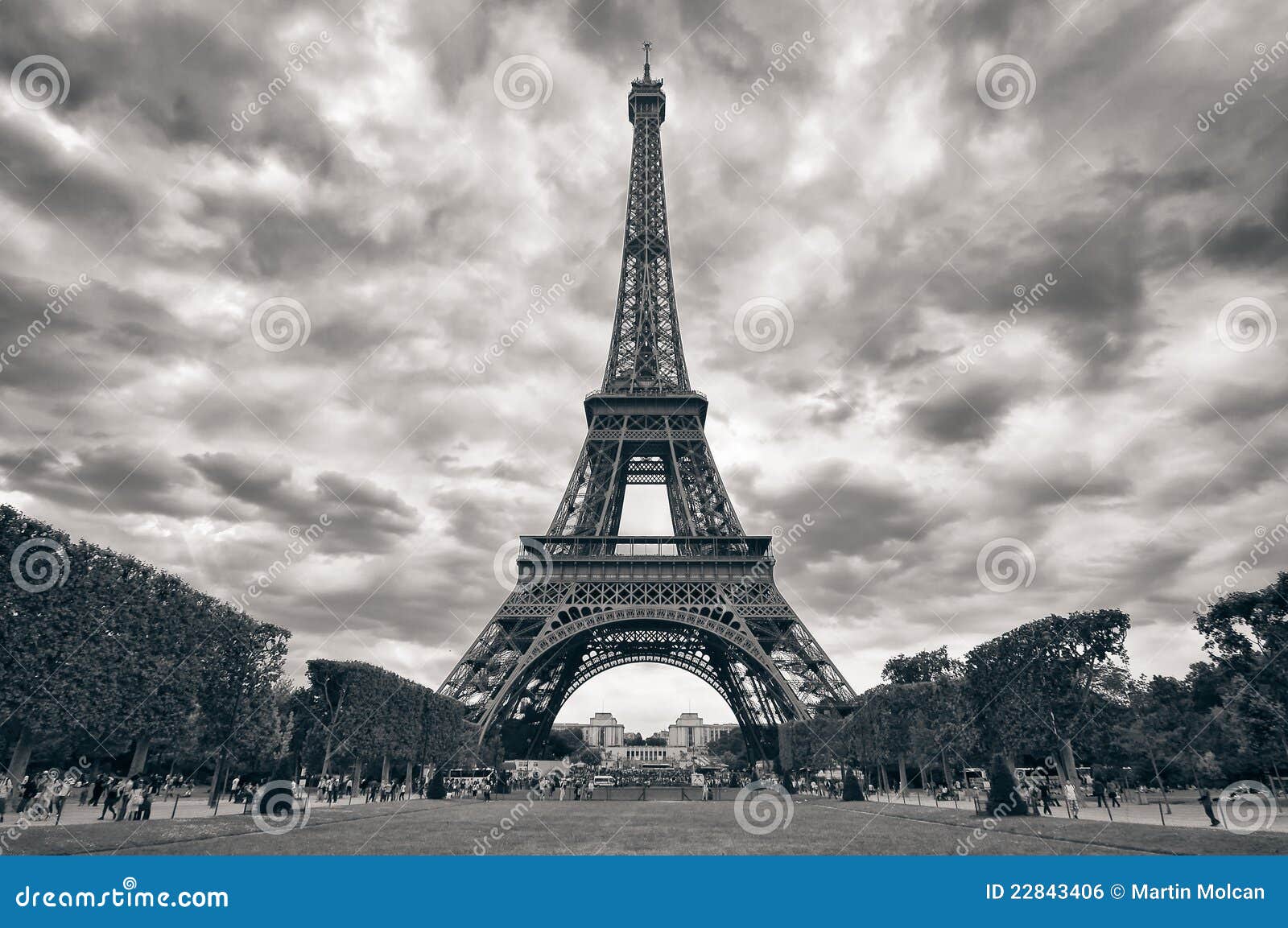 Eiffel Tower with Dramatic Sky Monochrome Black an Stock Photo - Image ...