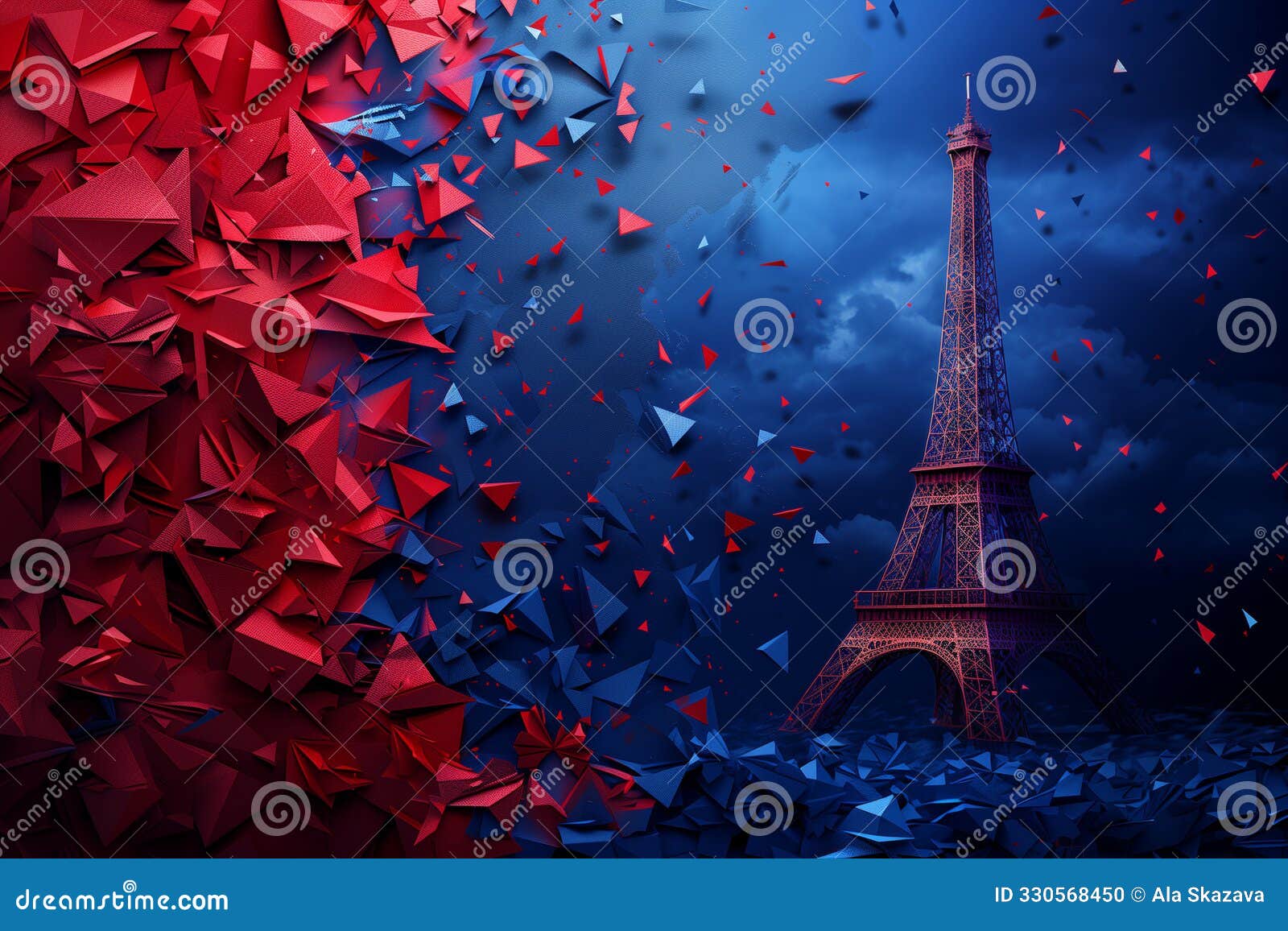 Eiffel Tower at Night with Red and Blue Triangles Stock Photo - Image ...