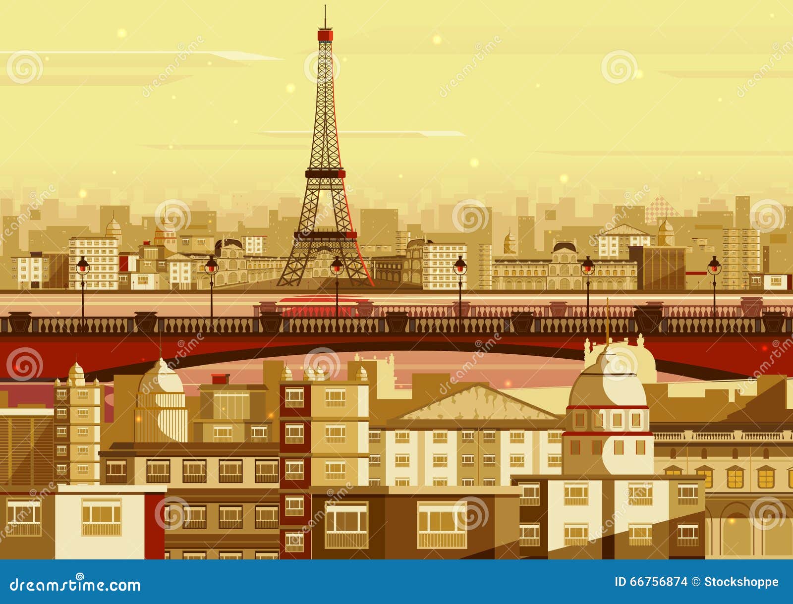 Paris Cityscape At Night Line Art Style Vector Illustration. Detailed ...