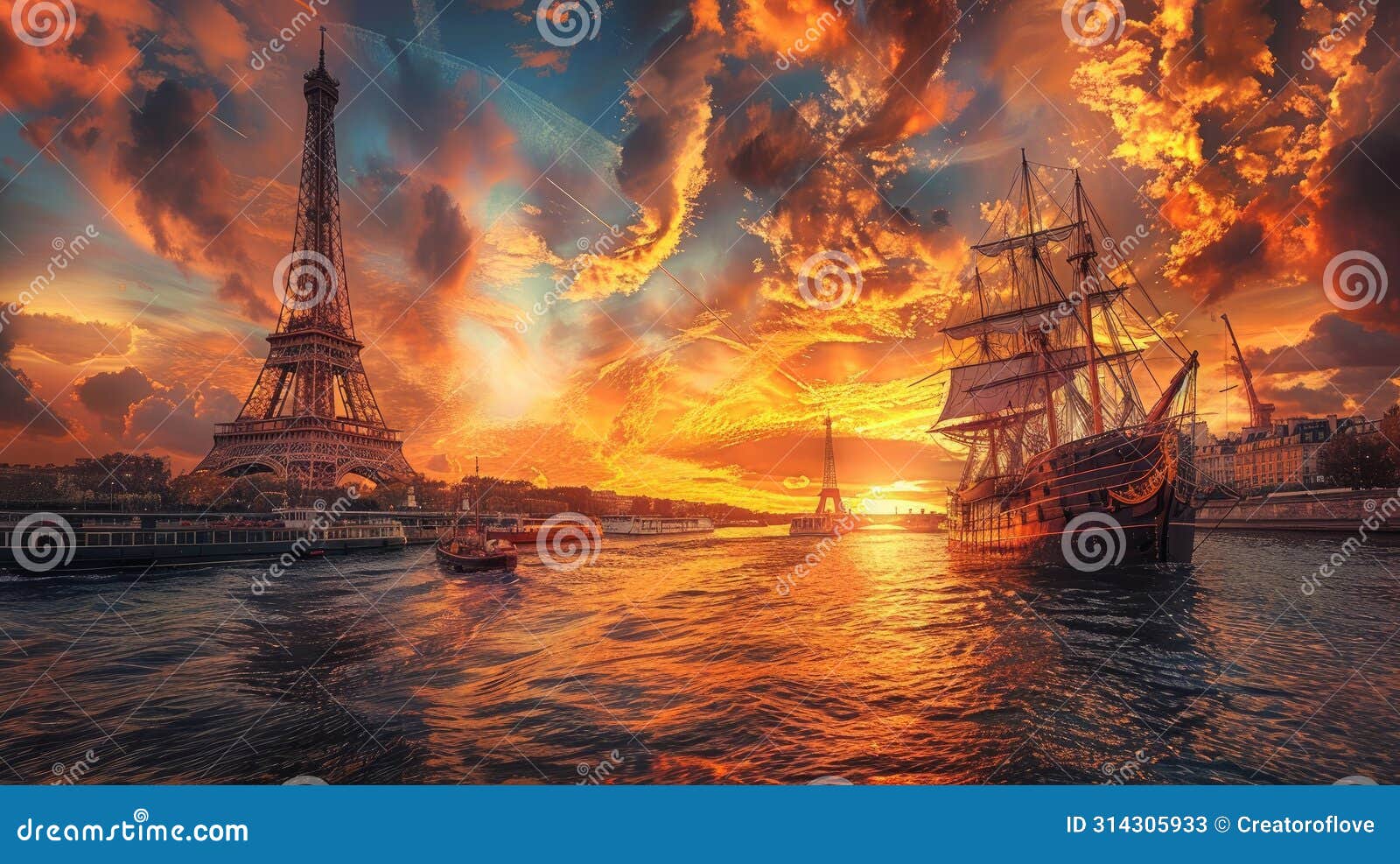 Eiffel Tower in Paris with Ship on Ocean Stock Illustration ...