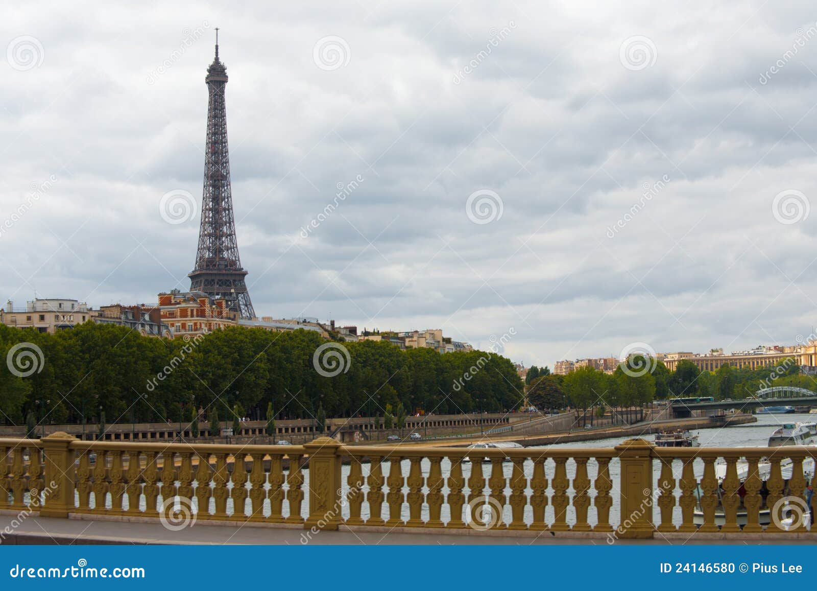 Eiffel Tower Top Bridge Seine Stock Photo - Image of clouds ...