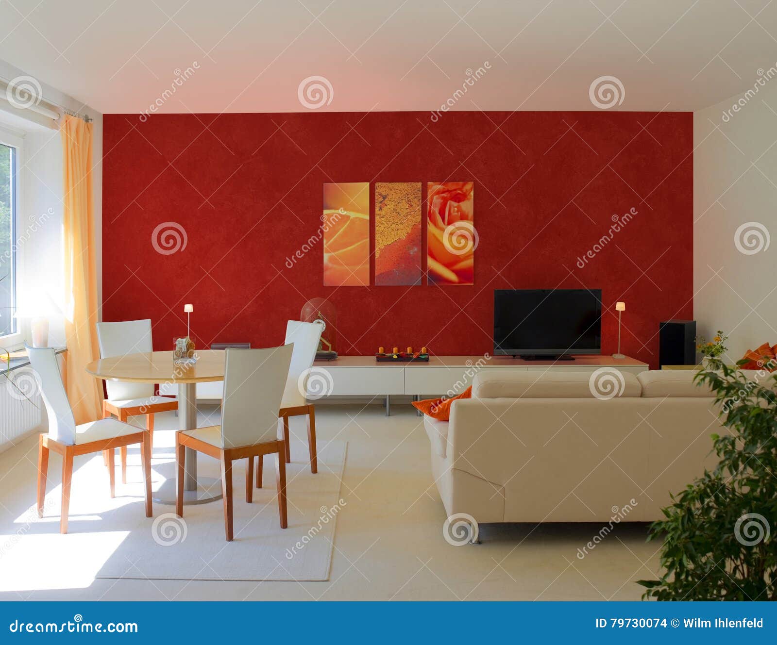 Eigentijdse Woonkamer Met Rode Muur Stock Foto - Image of leer ...