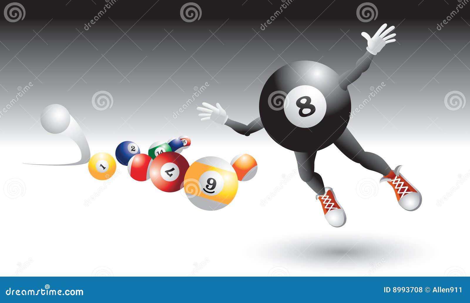 Eight Ball Character Flying by Billiard Balls Stock Vector ...
