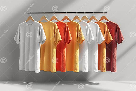 Eight Basic T-Shirts Hanging on a Clothes Rack in a Studio Setting ...