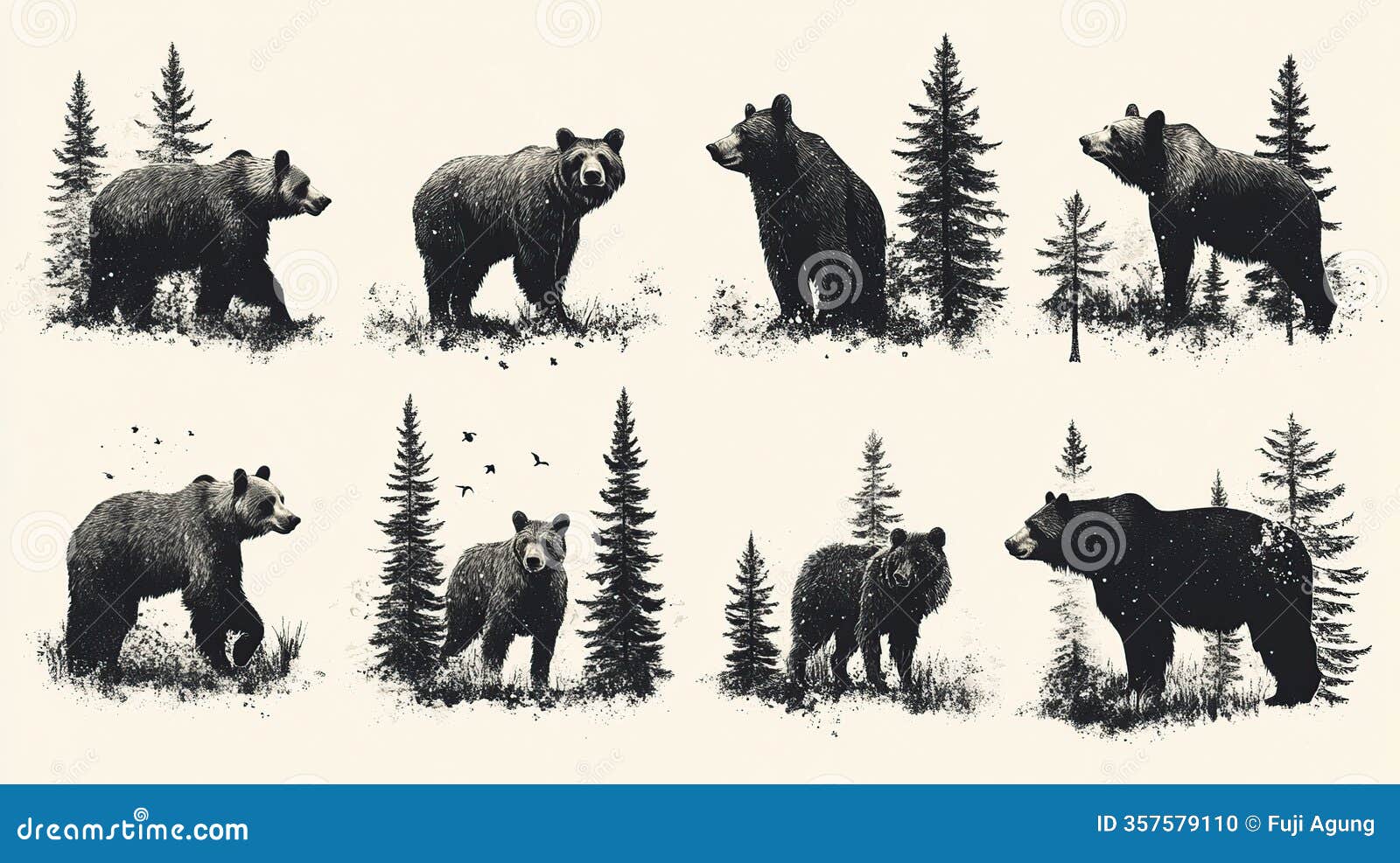 Eight Bears in Forest Wildlife Illustration, Nature Art, Tattoo Design ...
